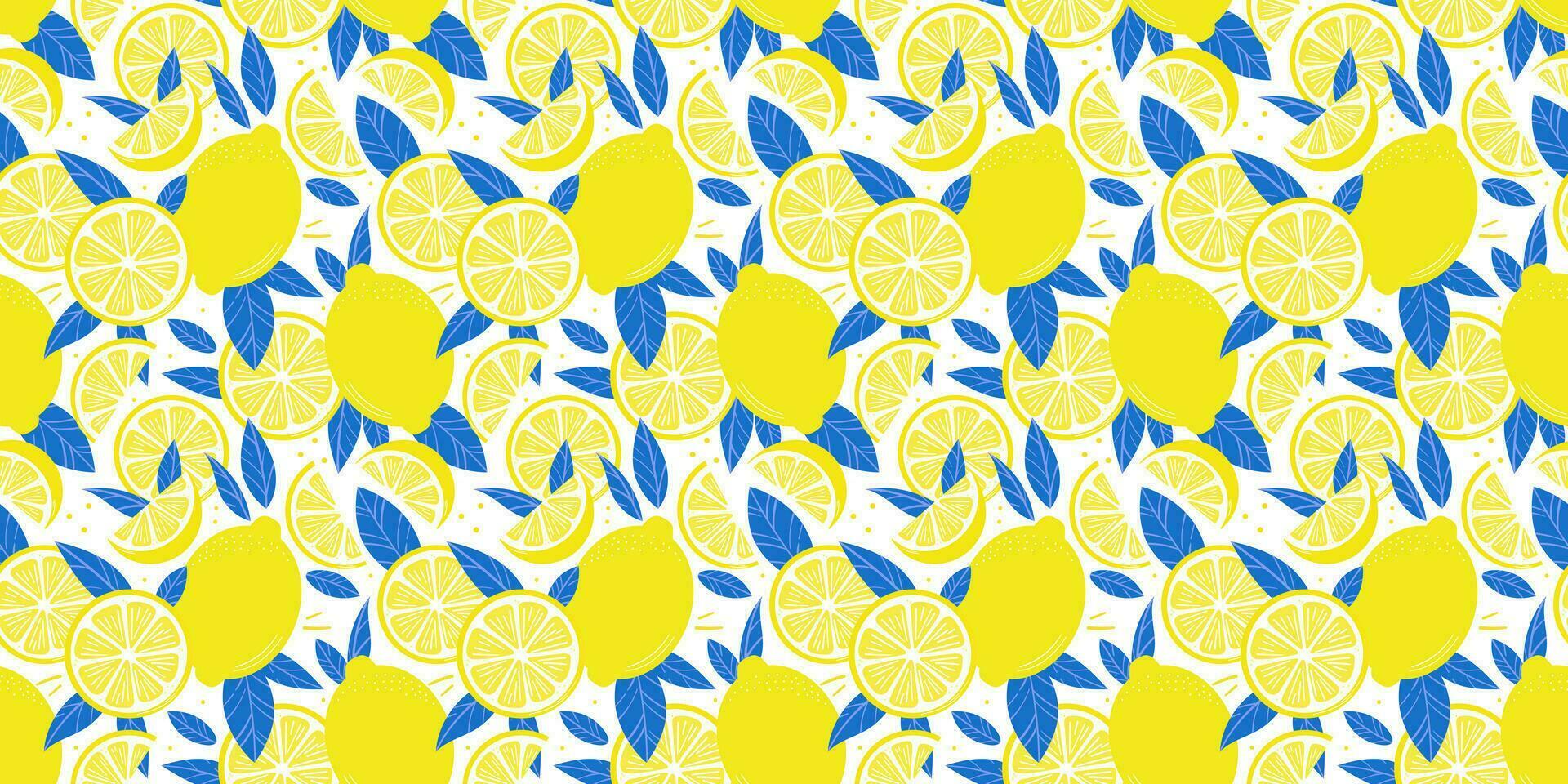 Lemon seamless vector repeat pattern with citrus fruit slices, tropical print for the summer ...