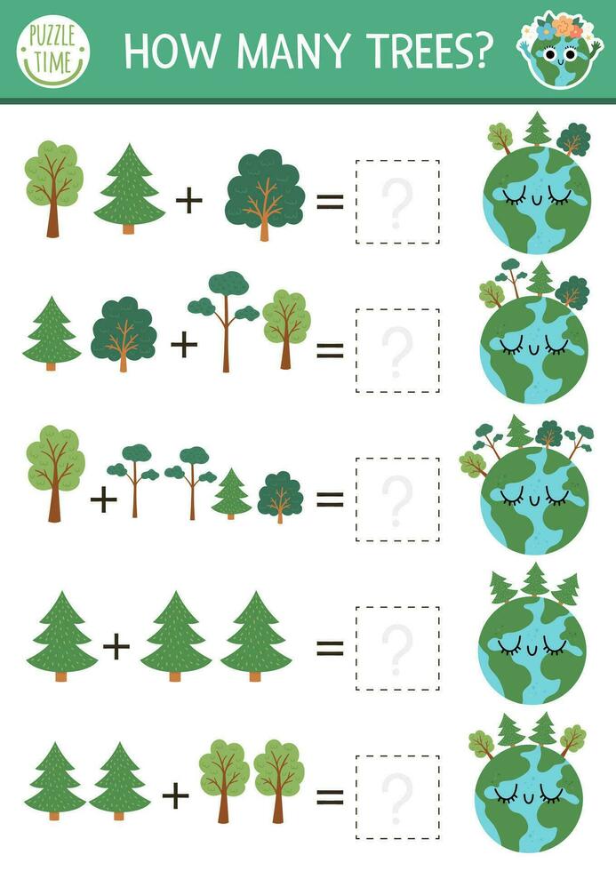 How many trees game with cute planet. Ecological math addition activity ...