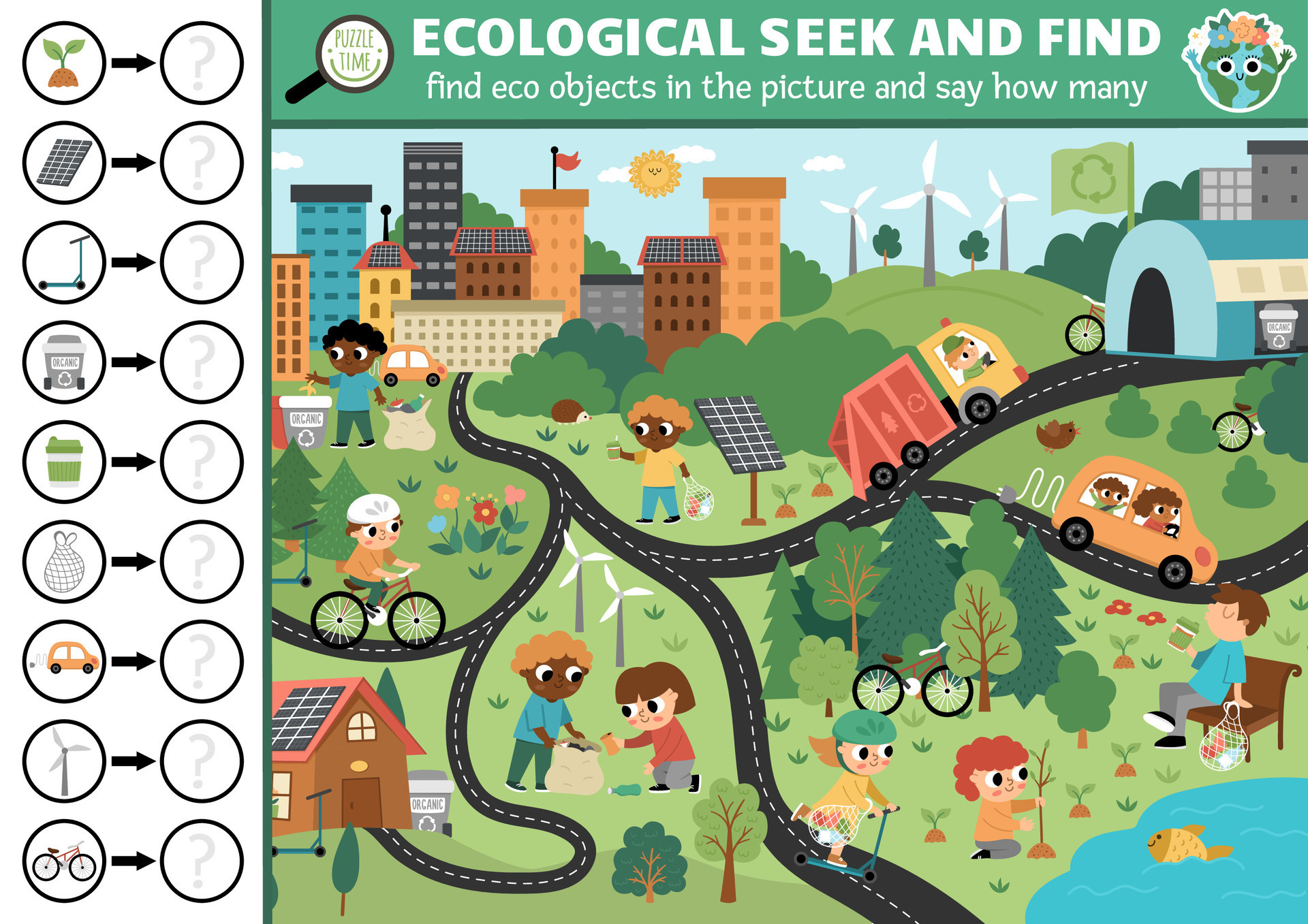 Vector ecological searching game with eco city landscape. Spot hidden ...