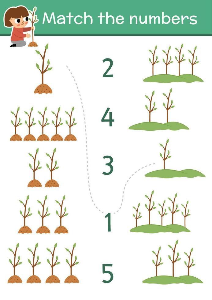 Match the numbers ecological game with girl planting trees. Earth day ...