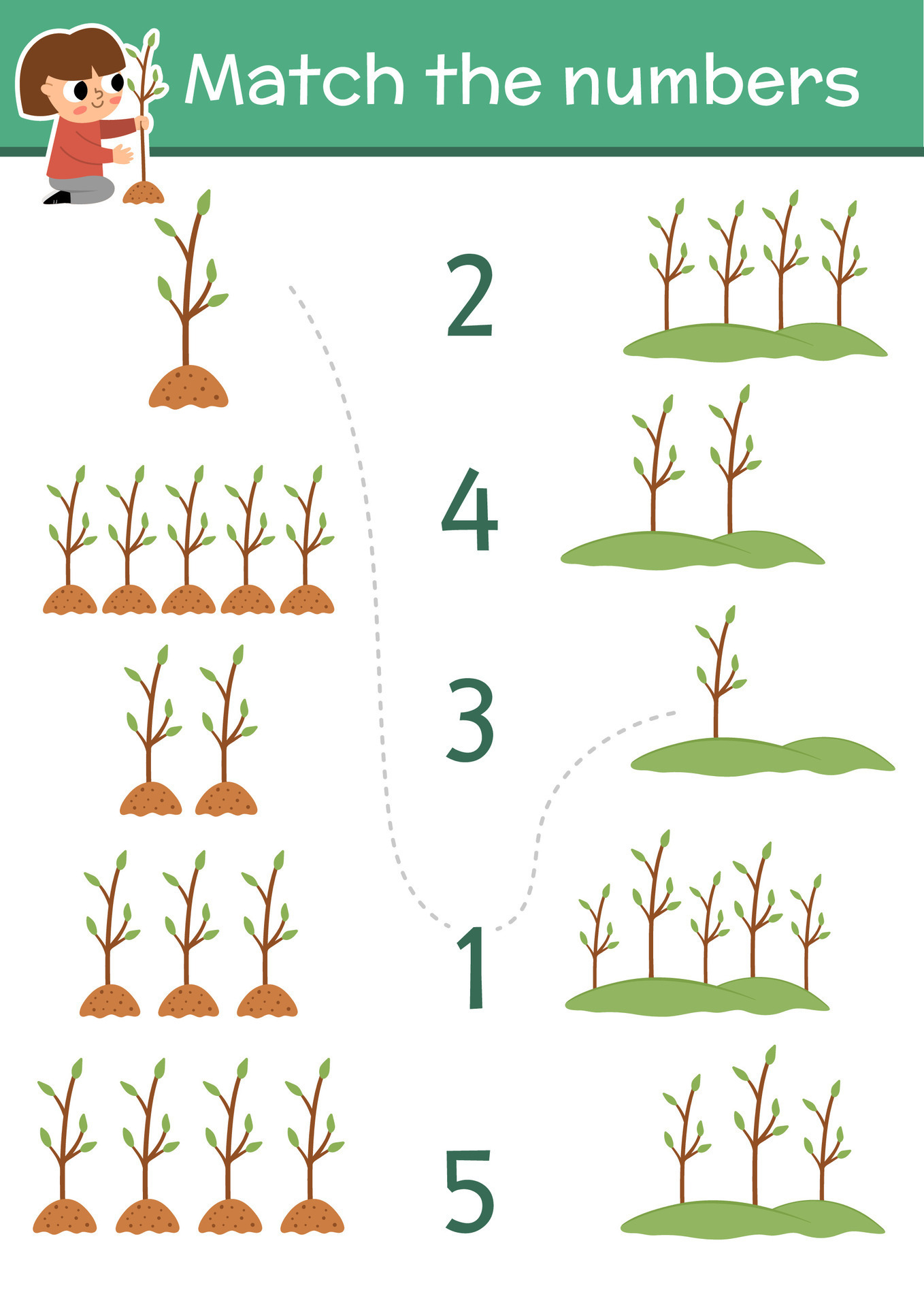 Match the numbers ecological game with girl planting trees. Earth day ...