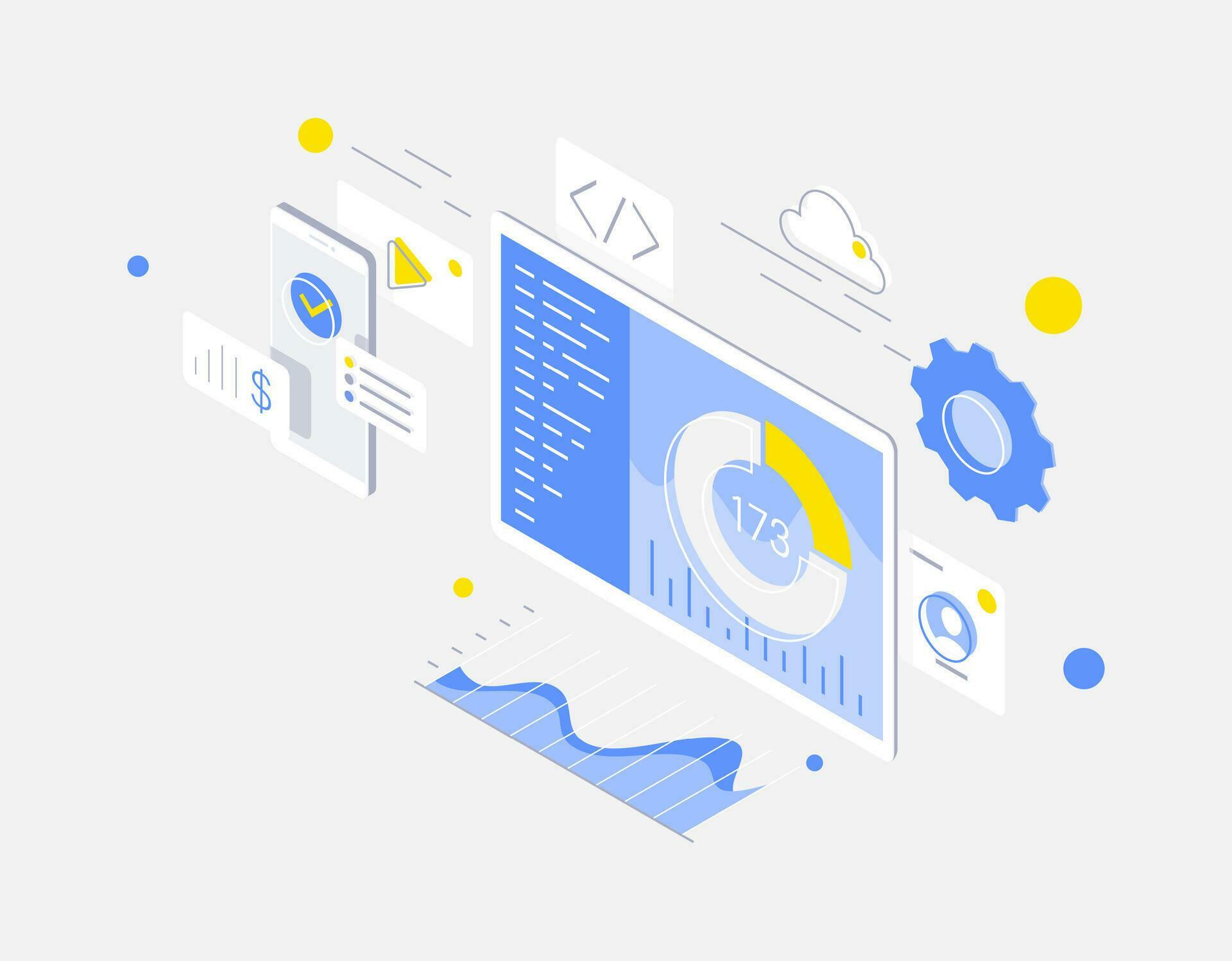 Software development and program coding cross platform isometric concept. web user interface ...