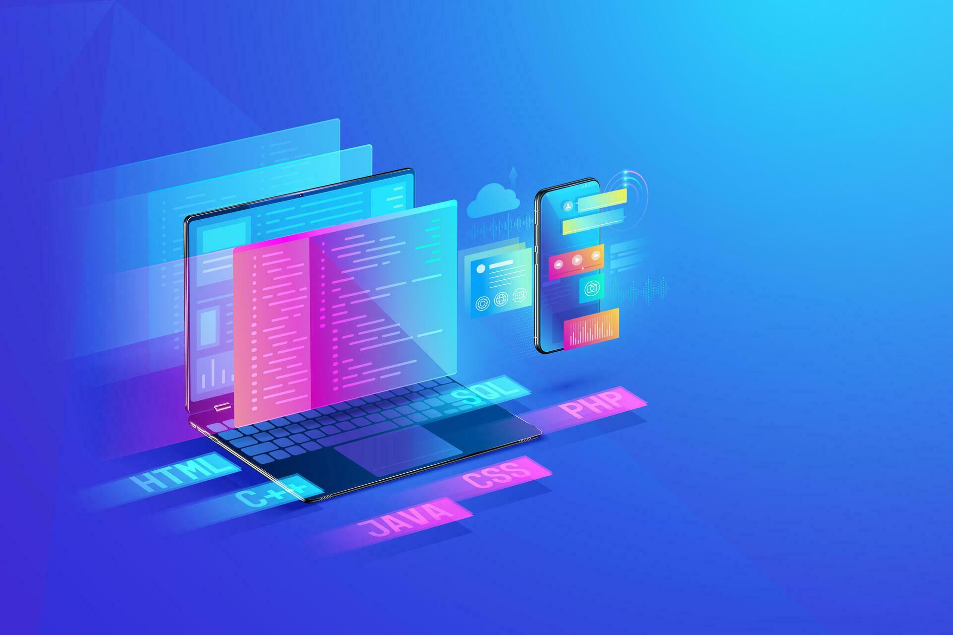 Web development, application design, coding and programming on laptop and smartphone concept ...