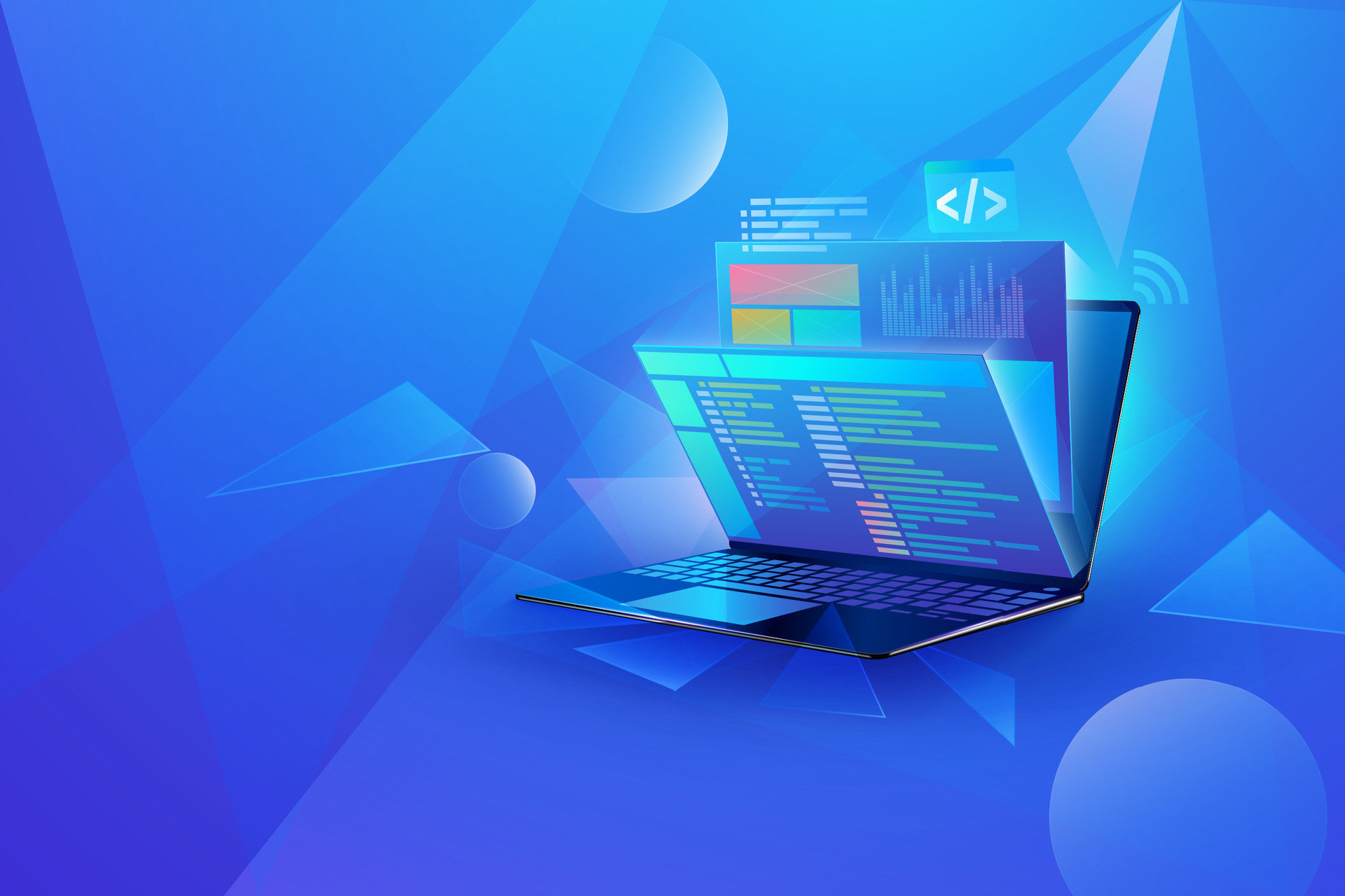 Perspective web development technology concept design. Laptop with ...