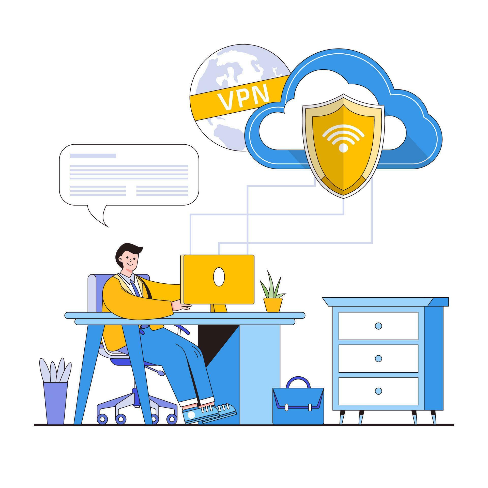 Secure remote work vector illustration concept with characters. Remote access security, vpn ...