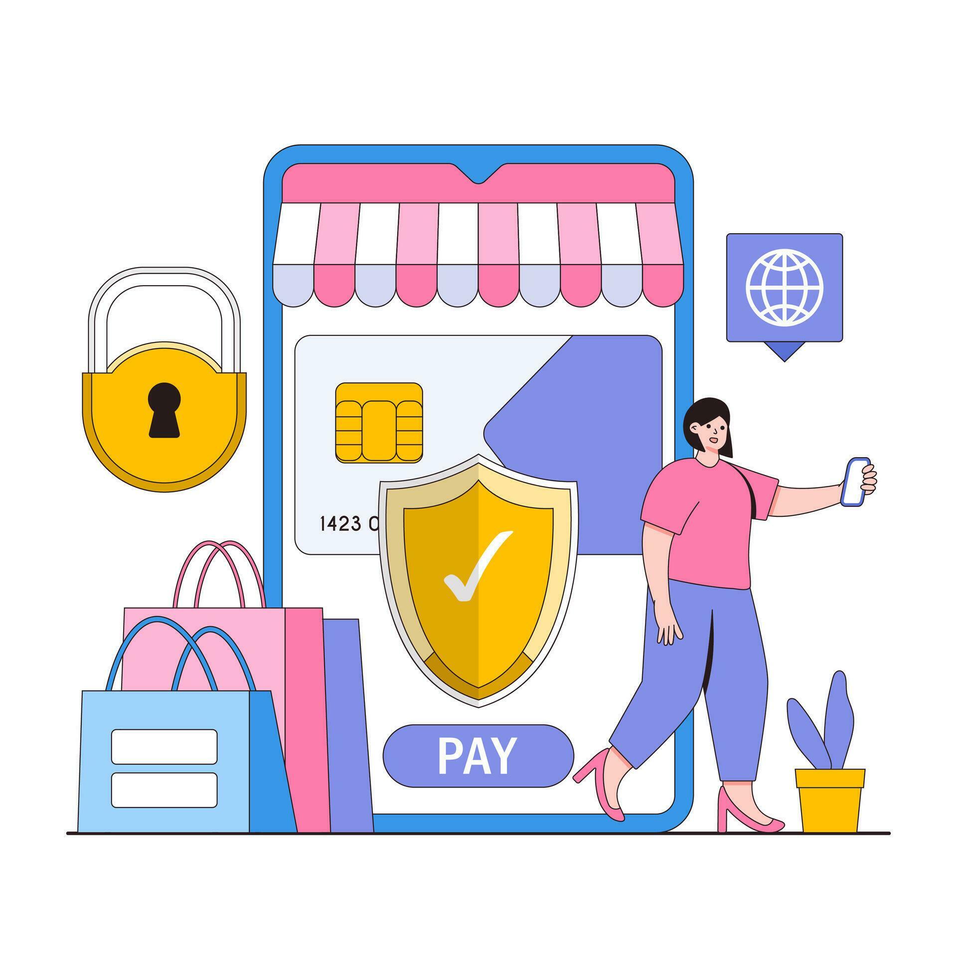 Online Shopping Security Vector Illustration Concept With Characters Secure Online Transactions