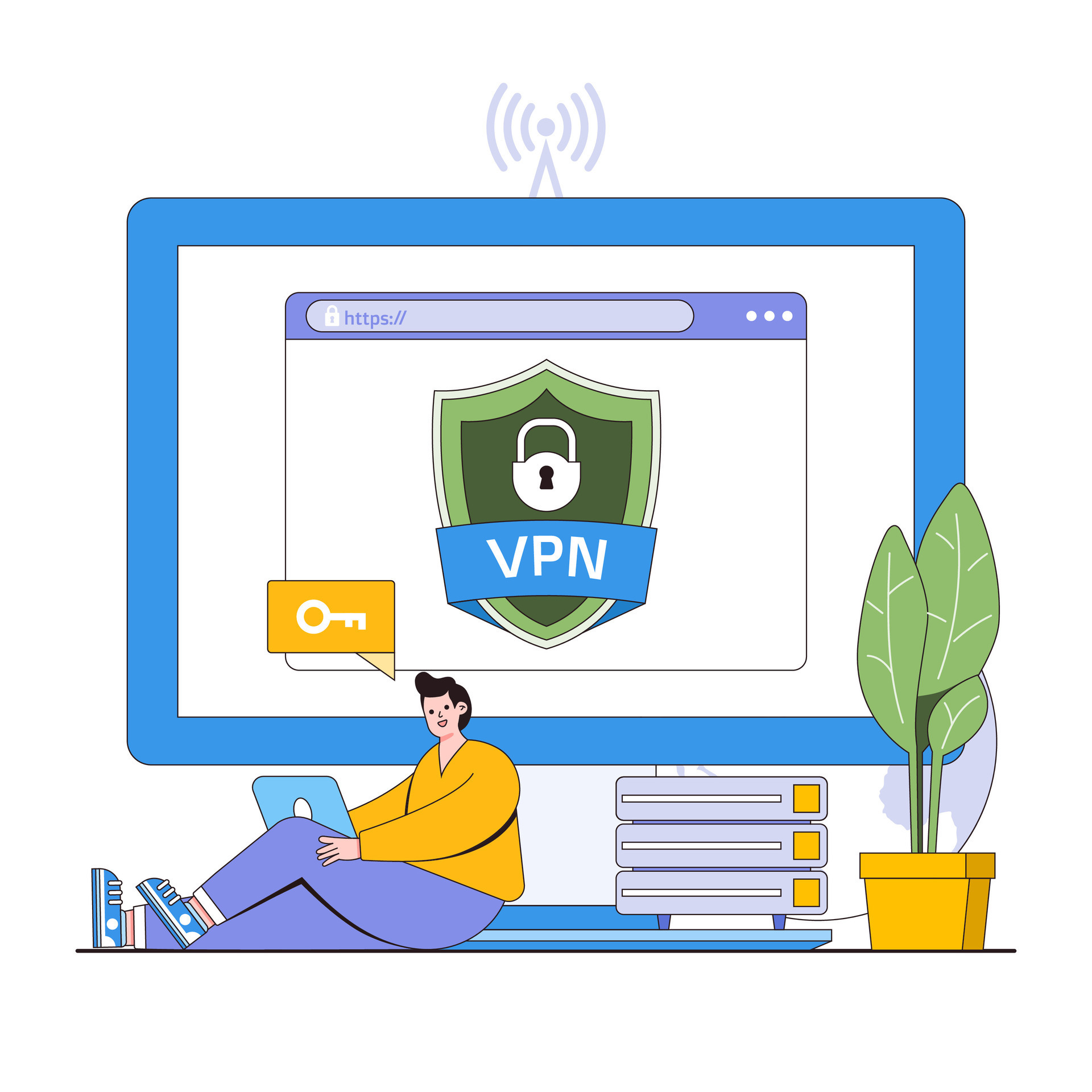 Secure Network Connection Vector Illustration Concept With Characters