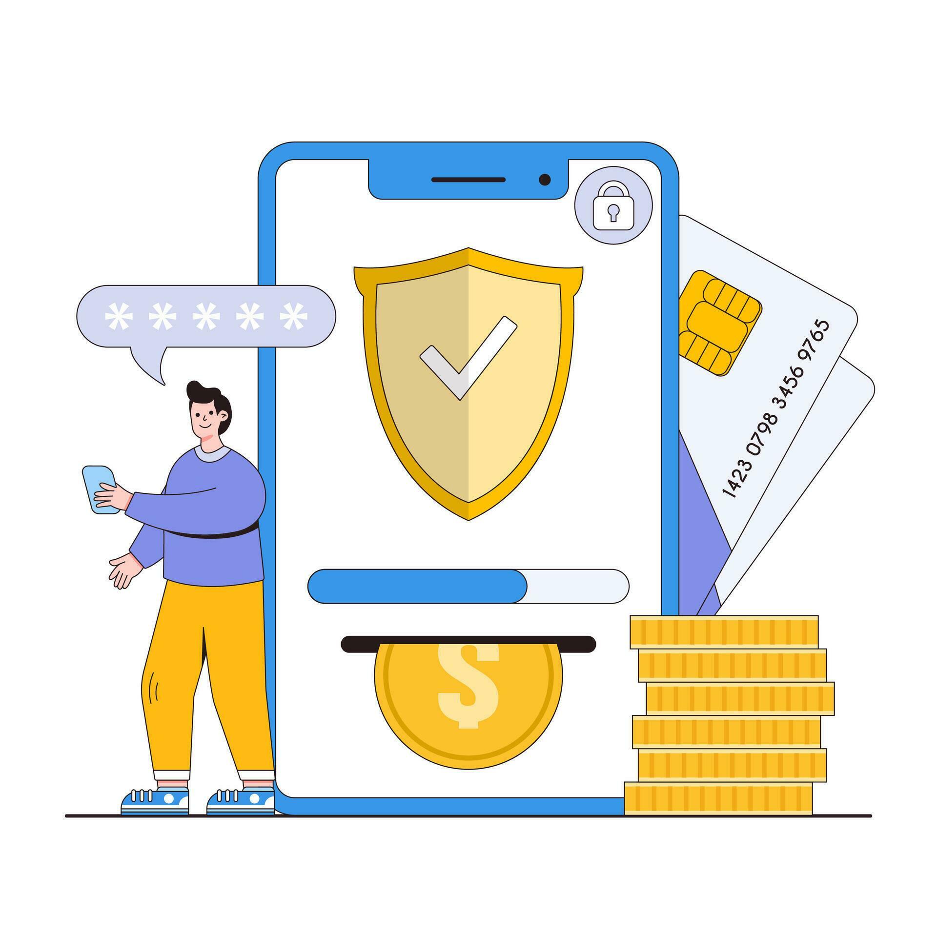 Secure Mobile Transactions Vector Illustration Concept With Characters Mobile Payment Security