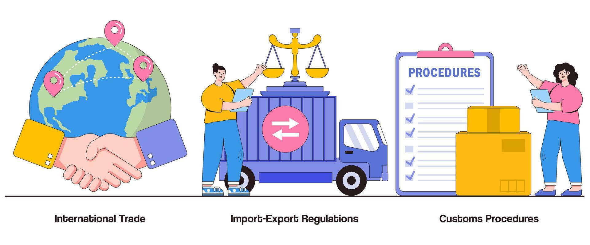 International Trade, Import-Export Regulations, and Customs Procedures Concept with Character ...