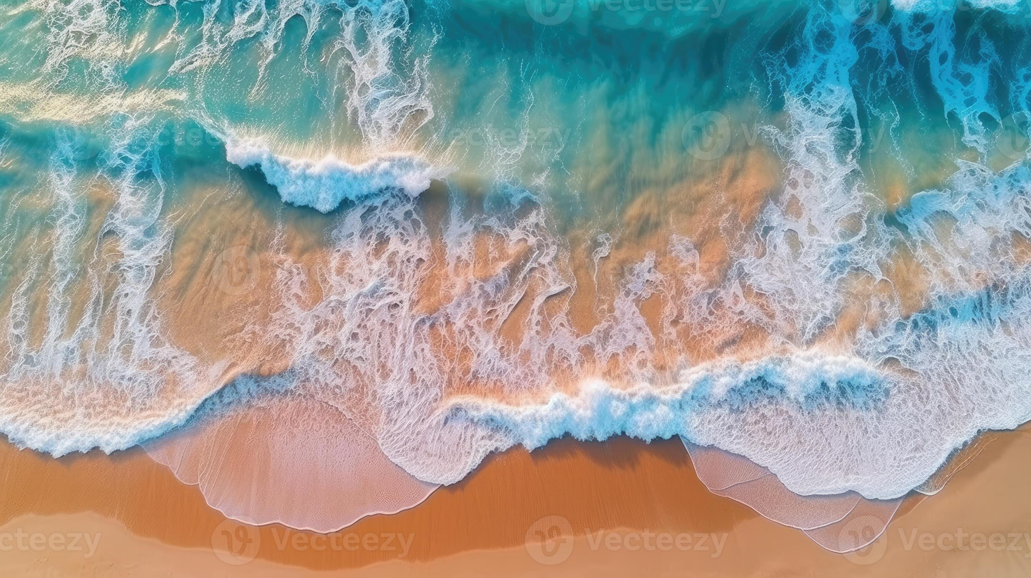 Top view of ocean waves on sandy beach landscape. Beautiful seascape ...