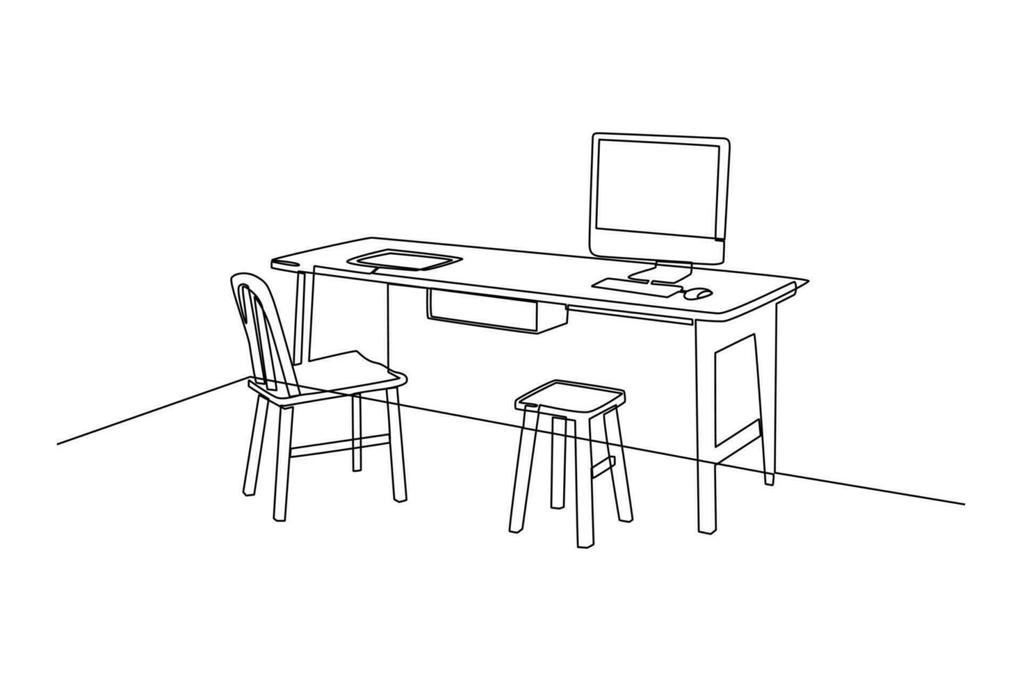 Single one line drawing Office workstation furniture interior concept. Continuous line draw ...