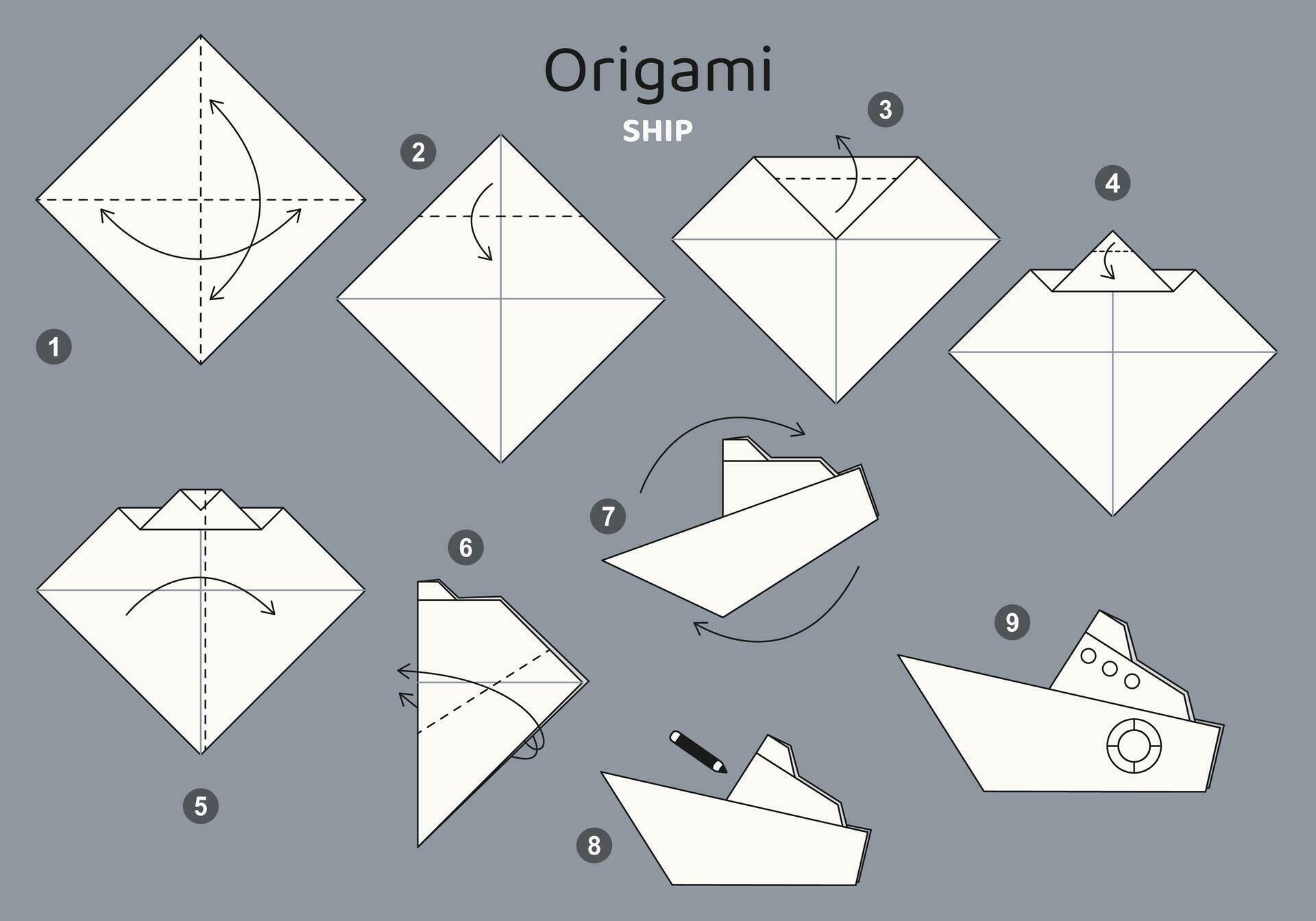 Ship origami scheme tutorial moving model on grey backdrop. Origami for kids. Step by step how ...
