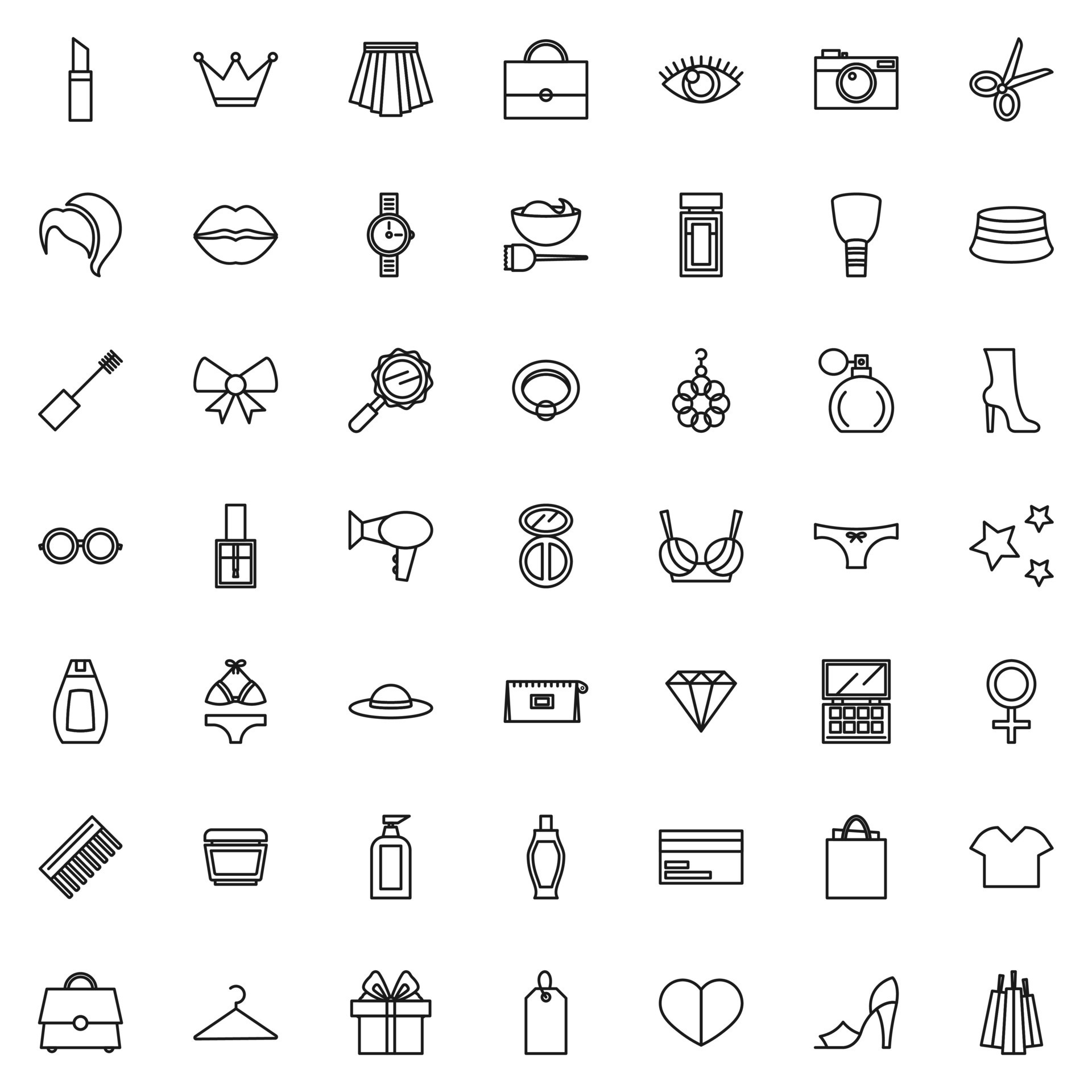 Set Of Flat Icons With Cosmetic Clothing Shoes Skin Care Accessories Outline Simple Vector