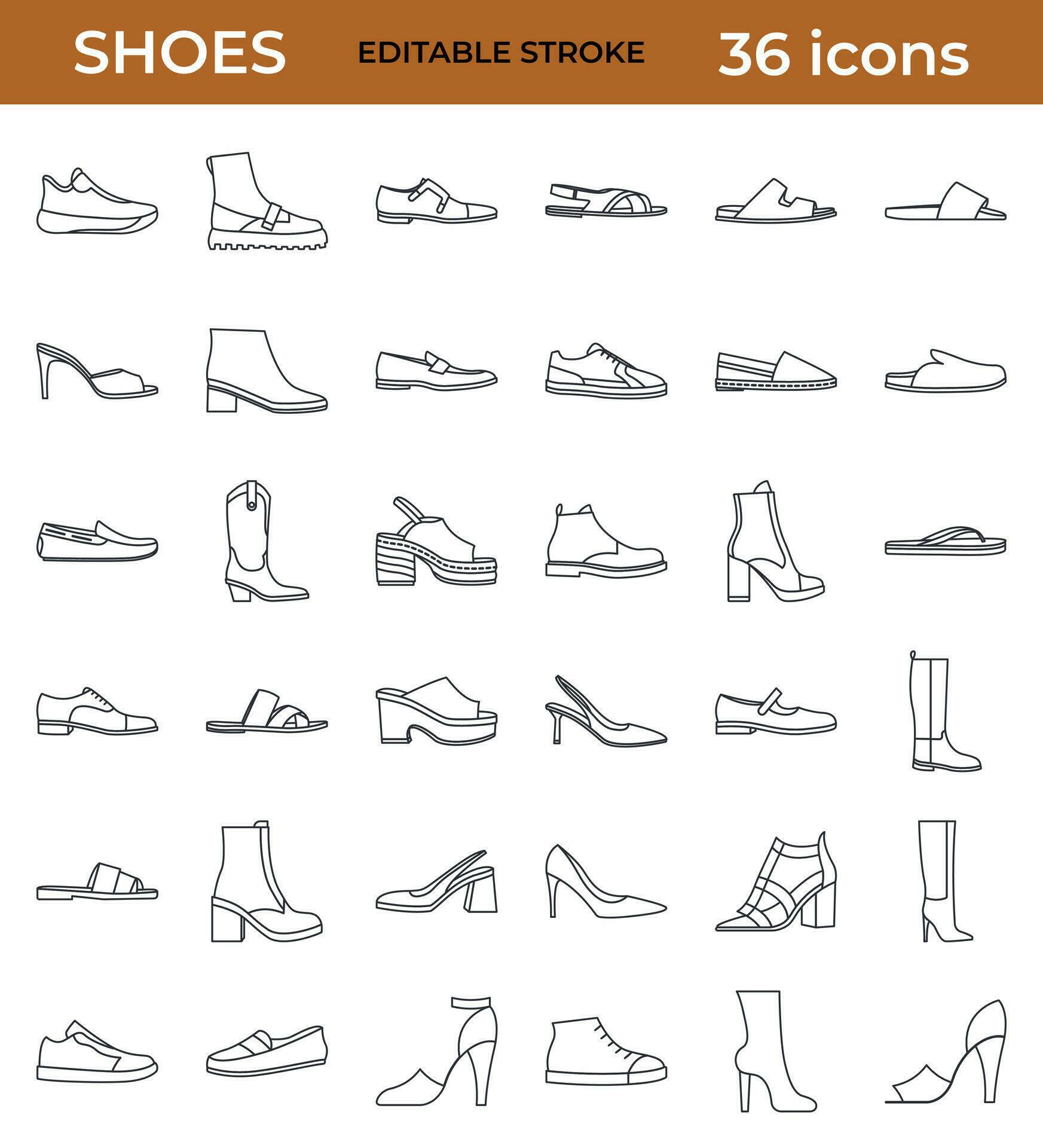 Big set of various shoes line icons. Fashion shoes, boots, trainers ...