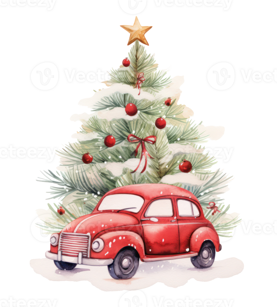 Cute Christmas watercolor retro car isolated. Illustration 25428225 PNG