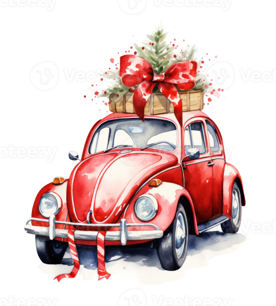 Cute Christmas watercolor retro car isolated. Illustration 25428260 PNG