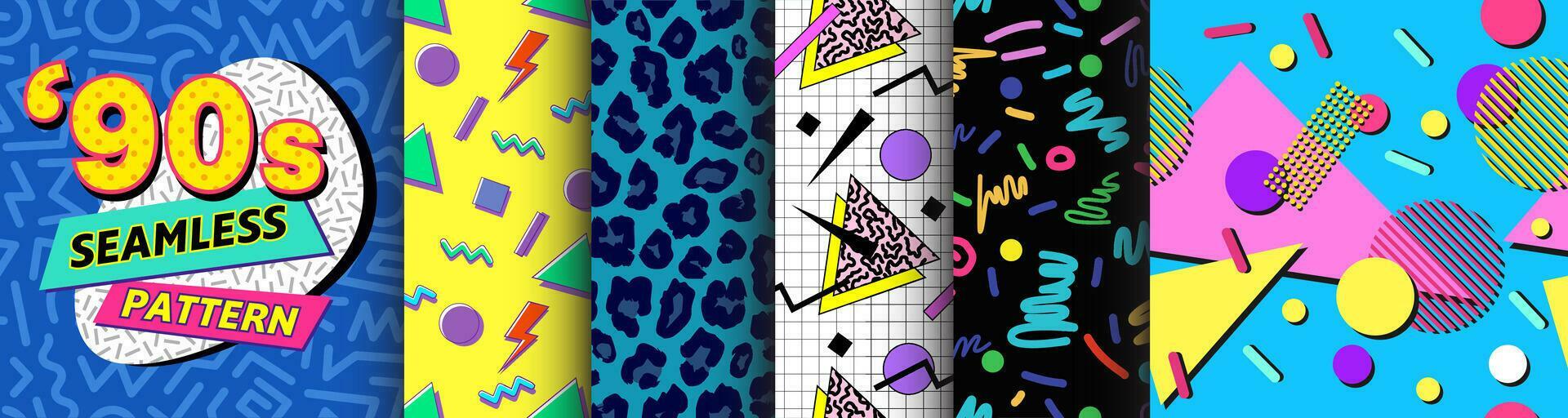 90's Collection of seamless pattern. 1990s vintage decorative graphics. Vector designs for ...