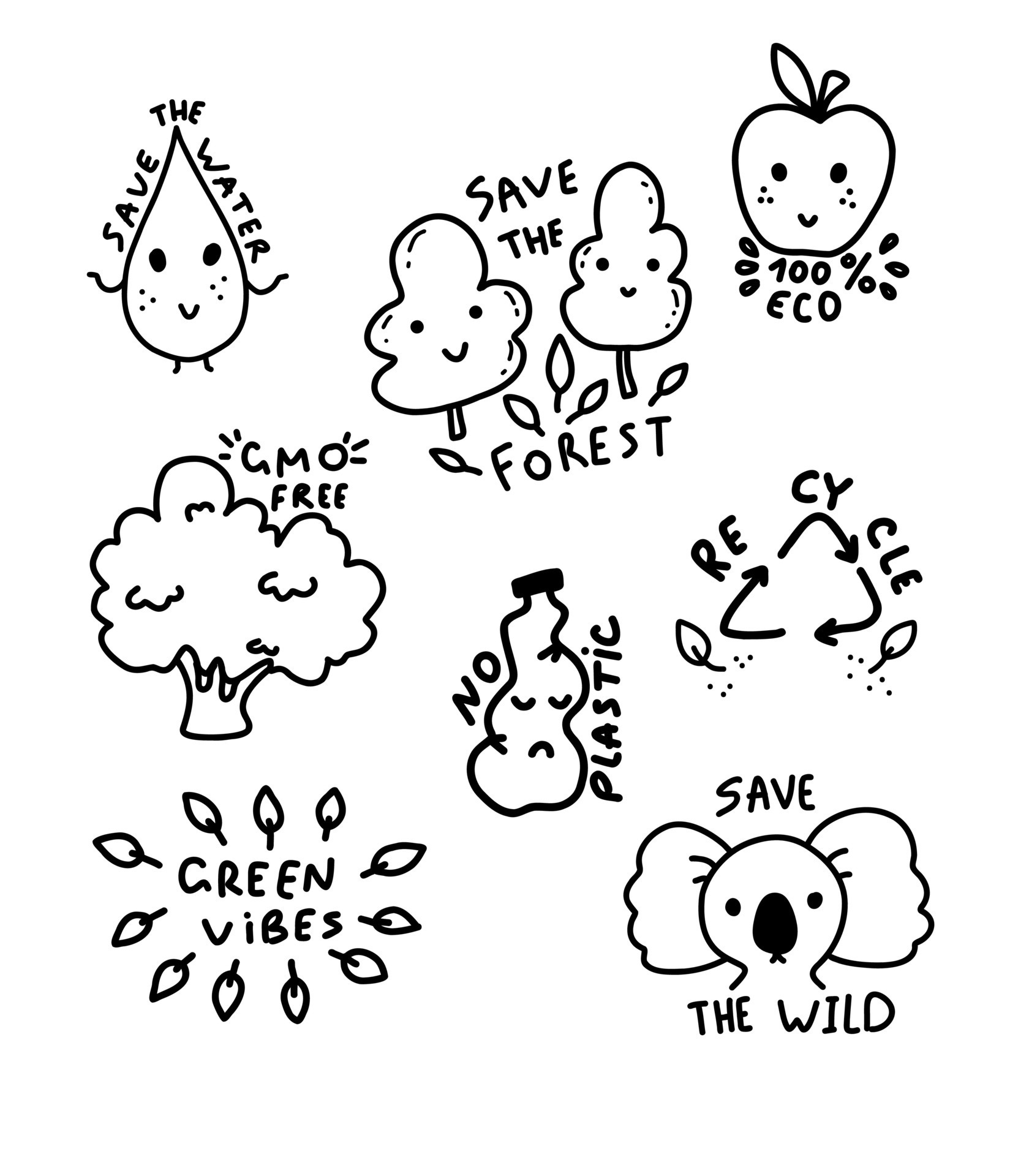 Ecological doodle stickers. Collection of eco stickers with slogans - no plastic, eco bag, save ...