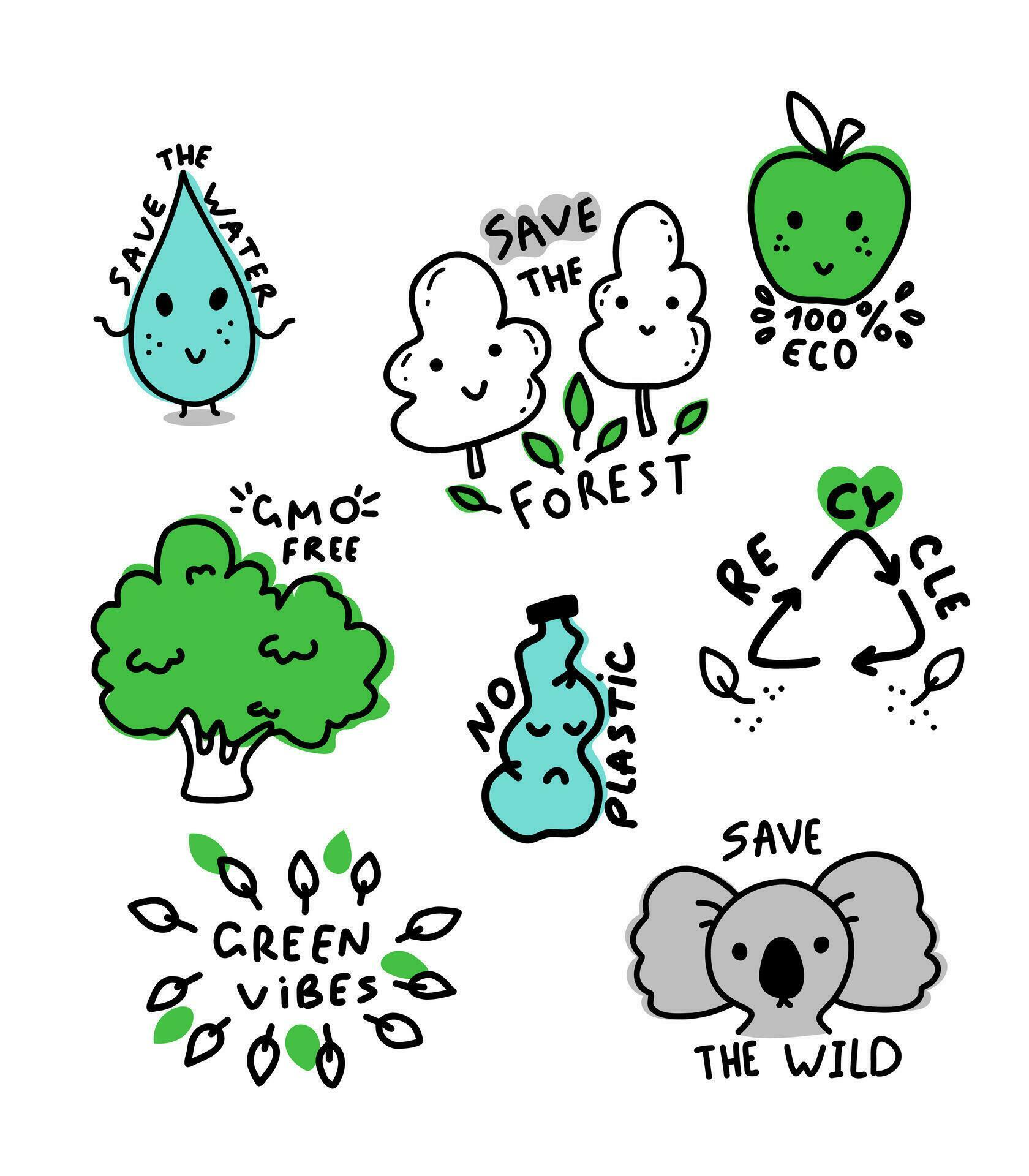 Ecological doodle stickers. Collection of eco stickers with slogans - no plastic, eco bag, save ...