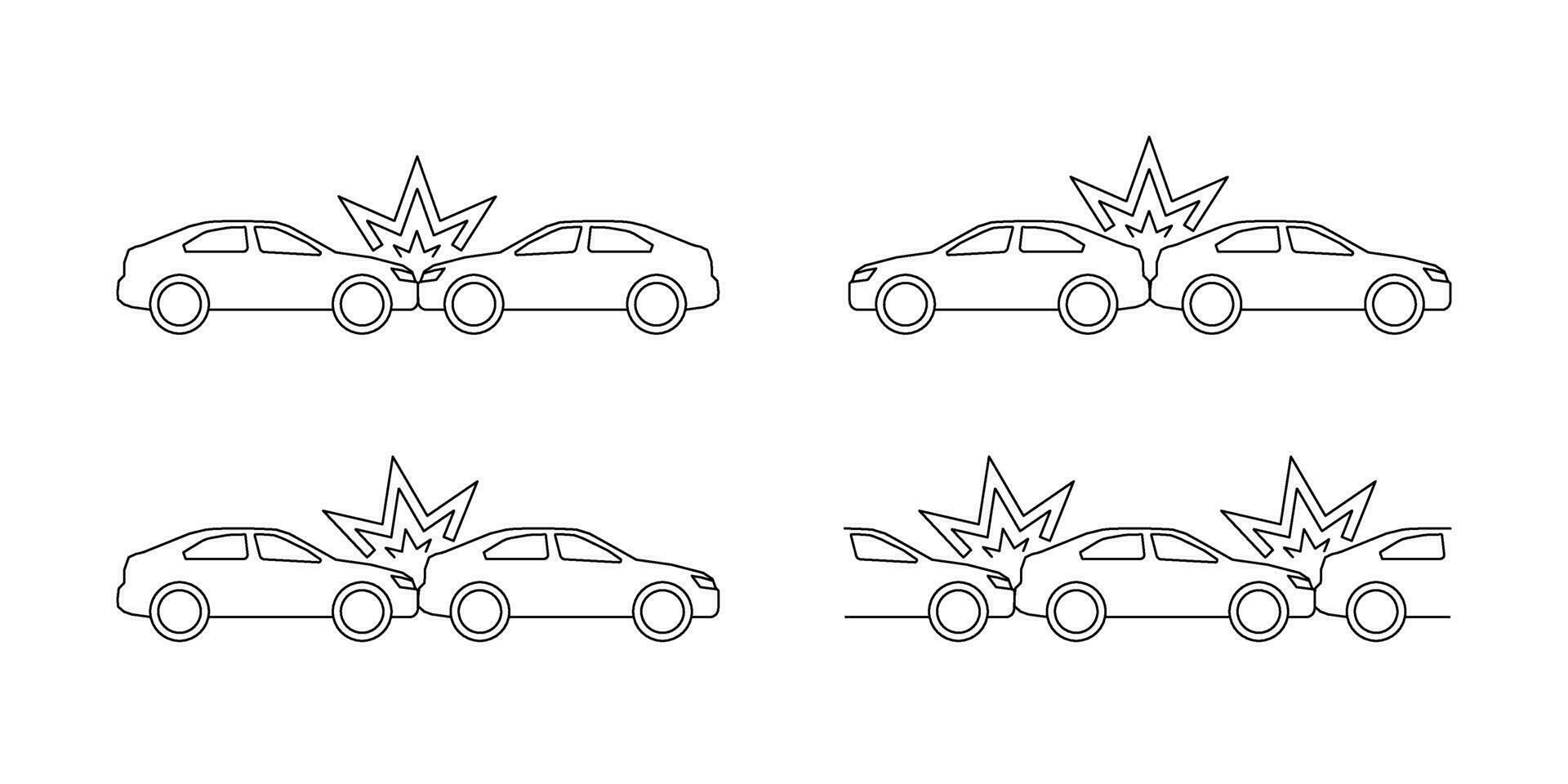 Car crash, accident of transport, line art icon set. Side, frontal and back collision. Broken ...