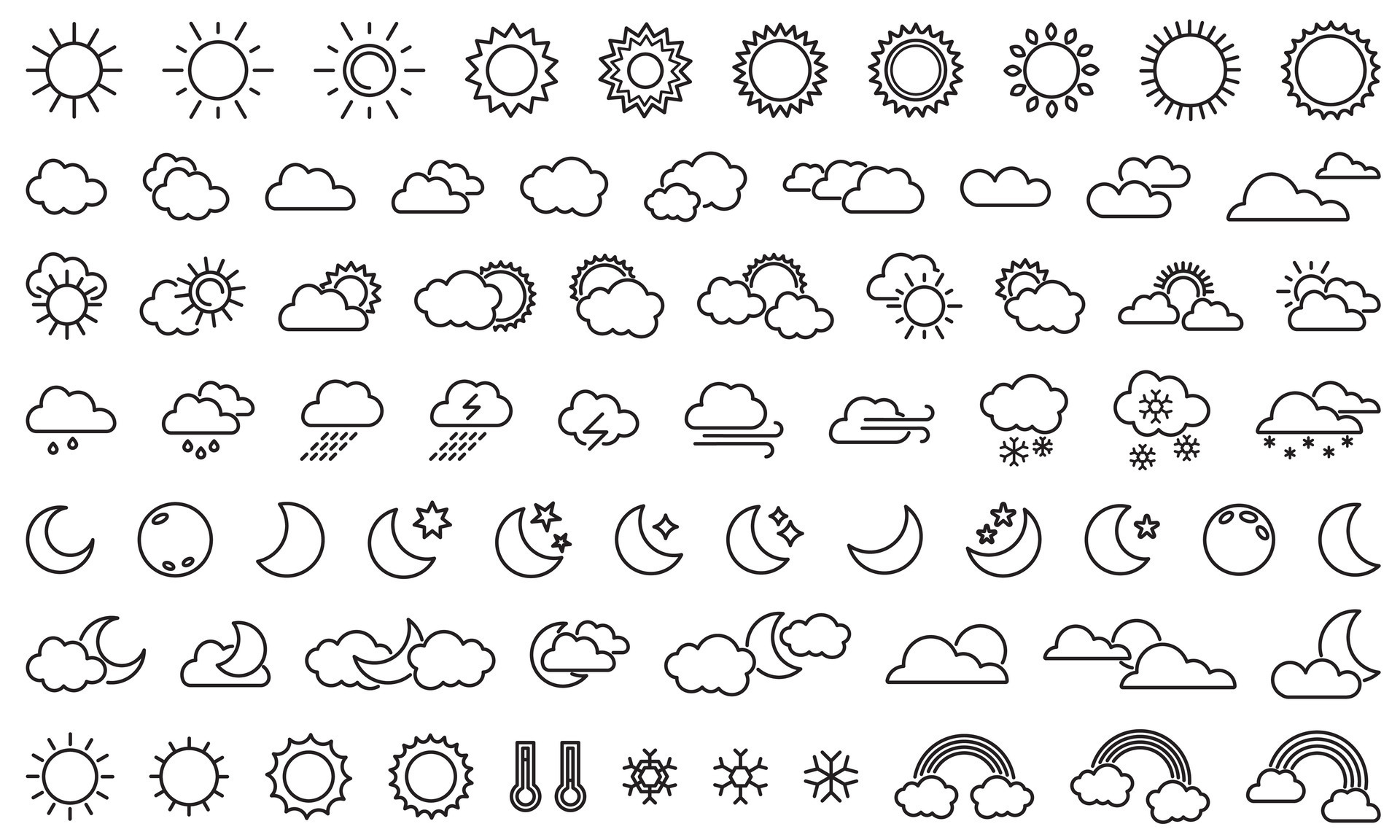Weather Forecast Outline Web Icon Set Vector Thin Line Icons Collection Expanded Stroke
