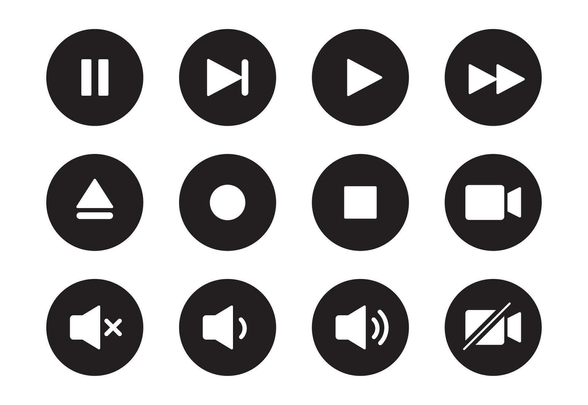 Audio, video, music player button icon. Sound control, play, pause button solid icon set. Camera ...