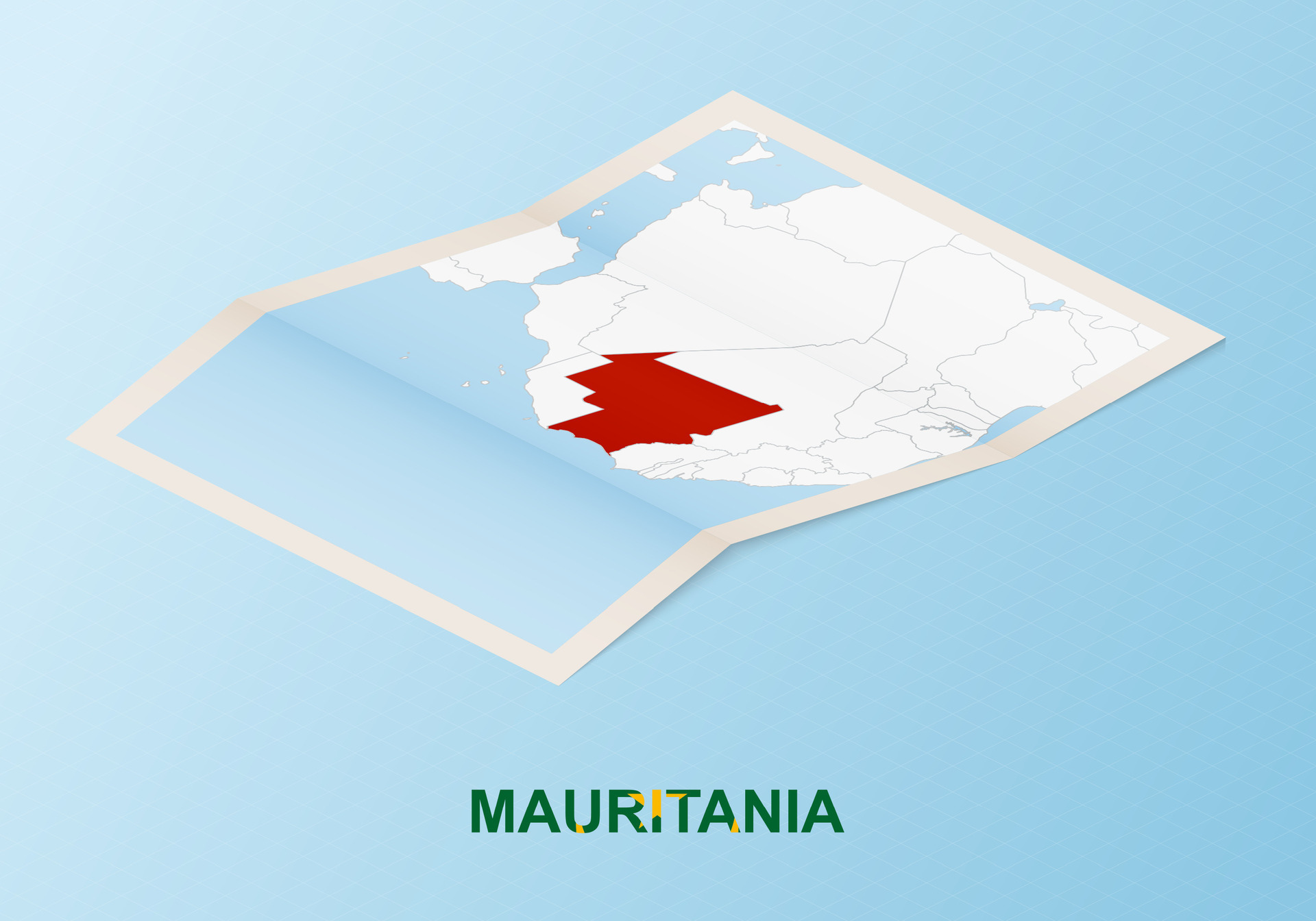 Folded Paper Map Of Mauritania With Neighboring Countries In Isometric