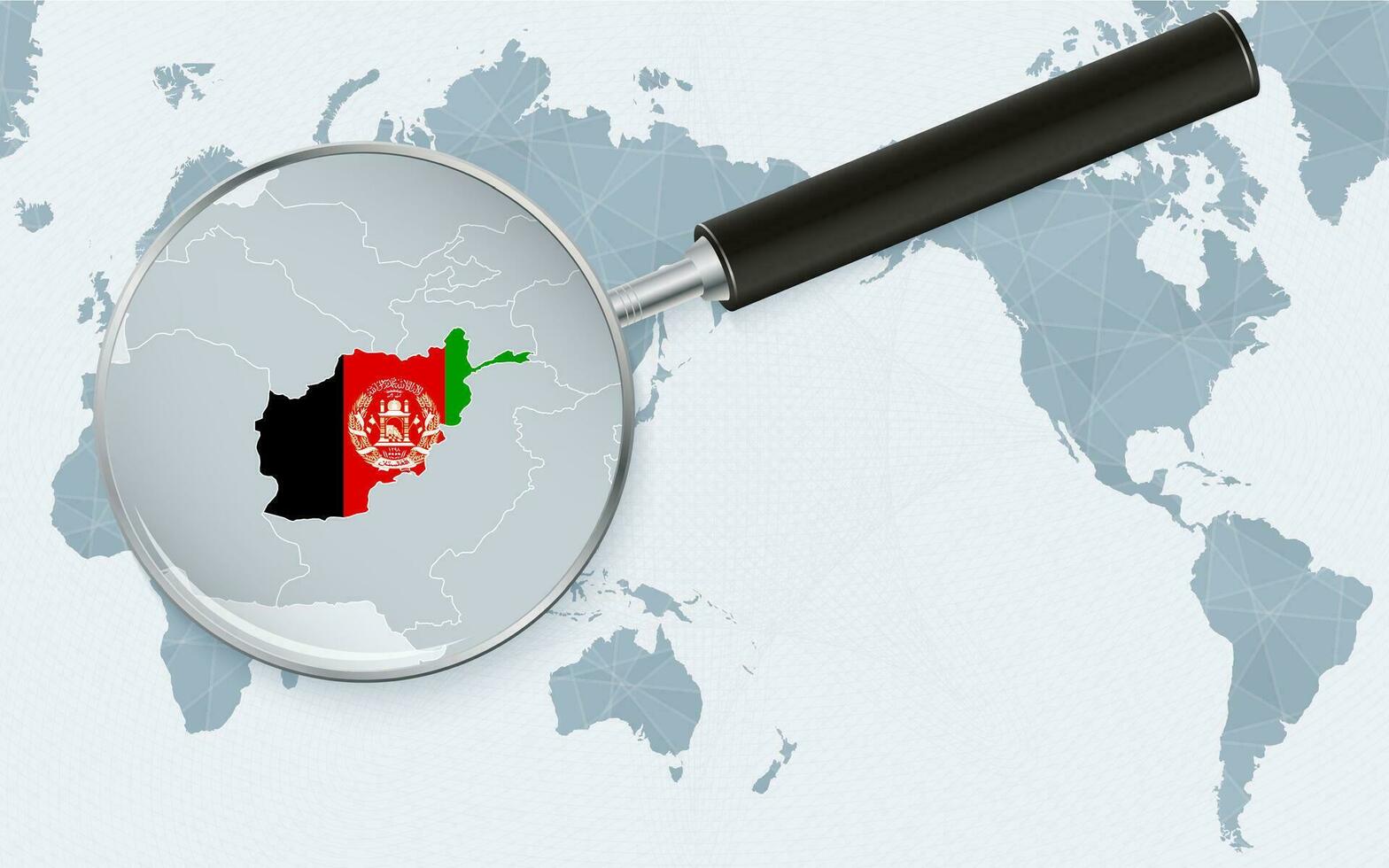 Asia centered world map with magnified glass on Afghanistan. Focus on ...