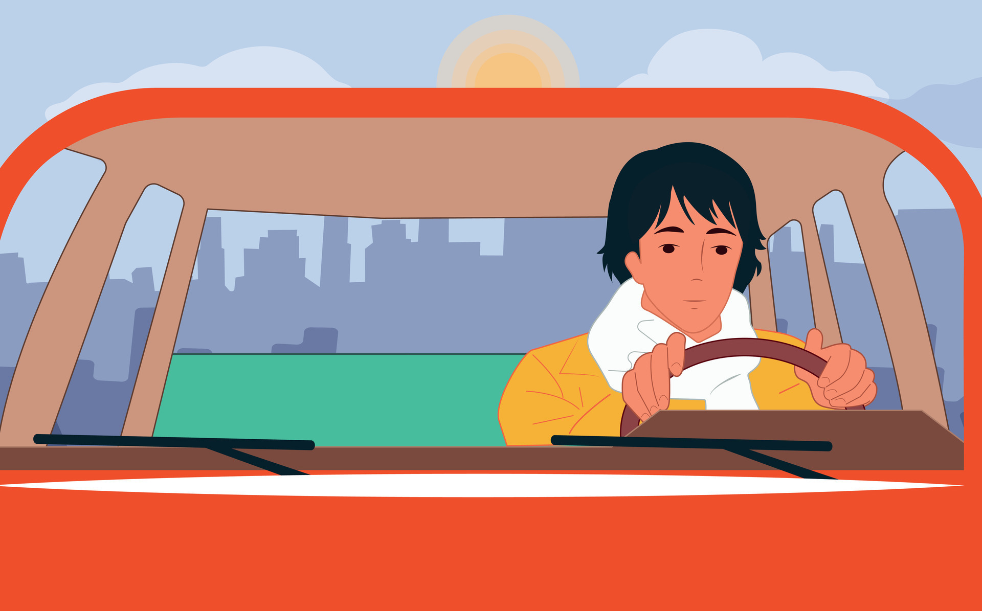 The guy is driving in a car around the city 25445509 Vector Art at Vecteezy