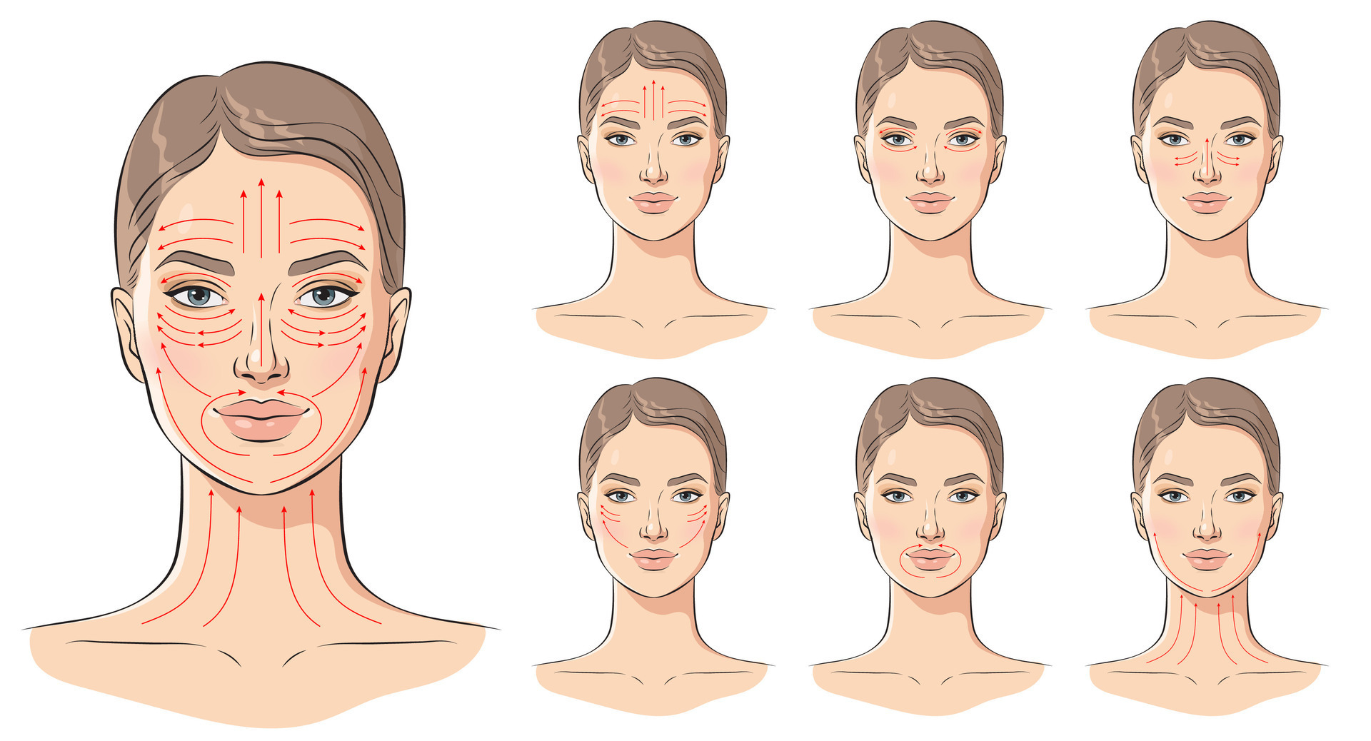 Face Massage Lines Facial Massage Instructions Vector Illustration