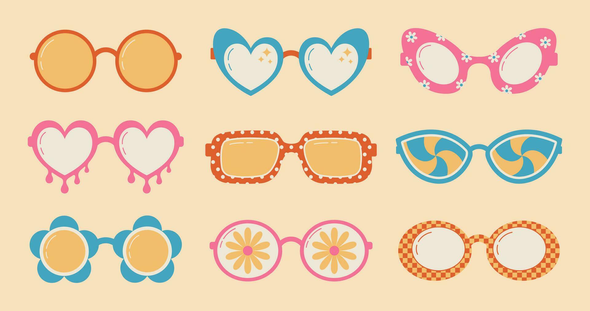 Collection Of Groovy Hippie Sunglasses In Flat Style Cartoon Abstract Psychedelic Retro Glasses