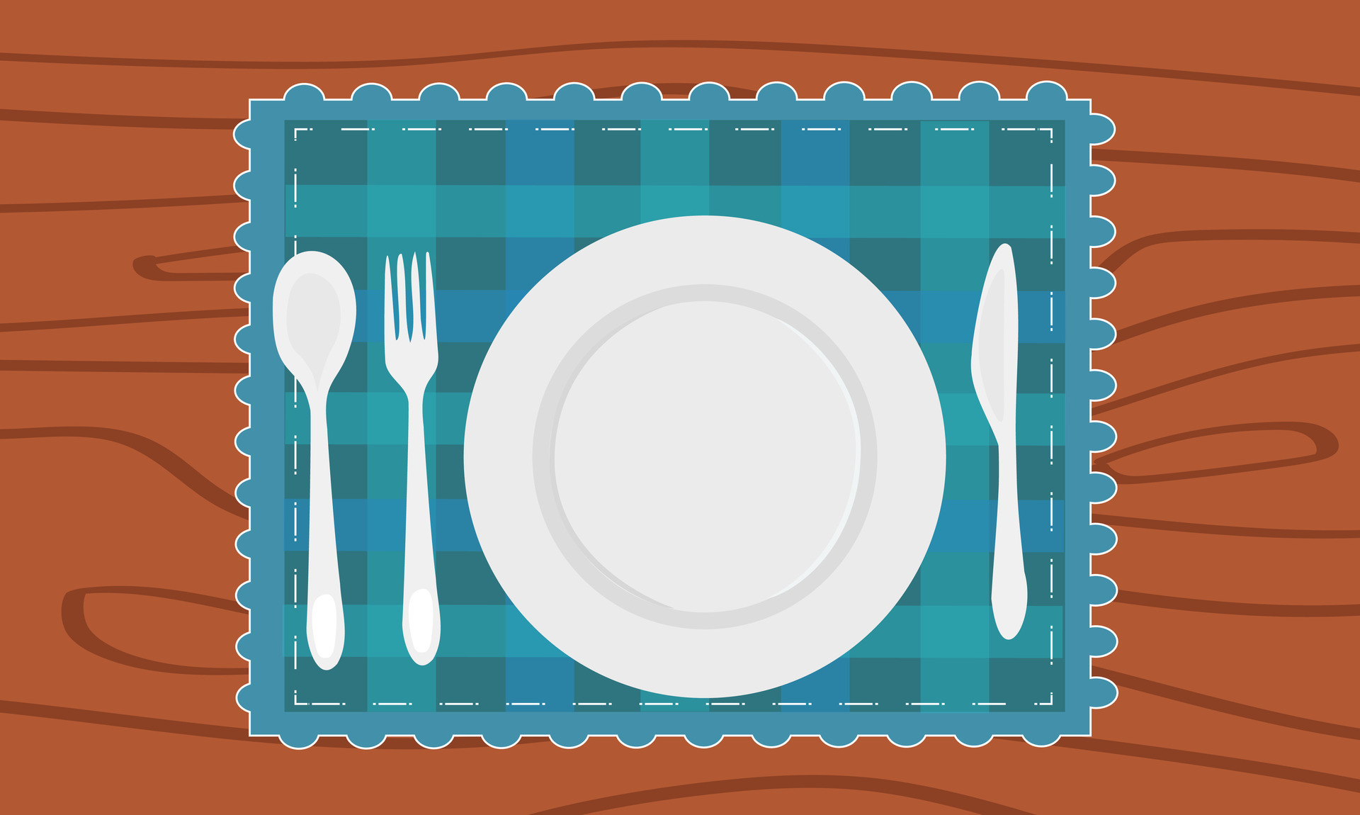 Clean white ceramic plate and cutlery vector set on table cloth on wood ... Clean white ceramic plate and cutlery vector set on table cloth on wood ...
