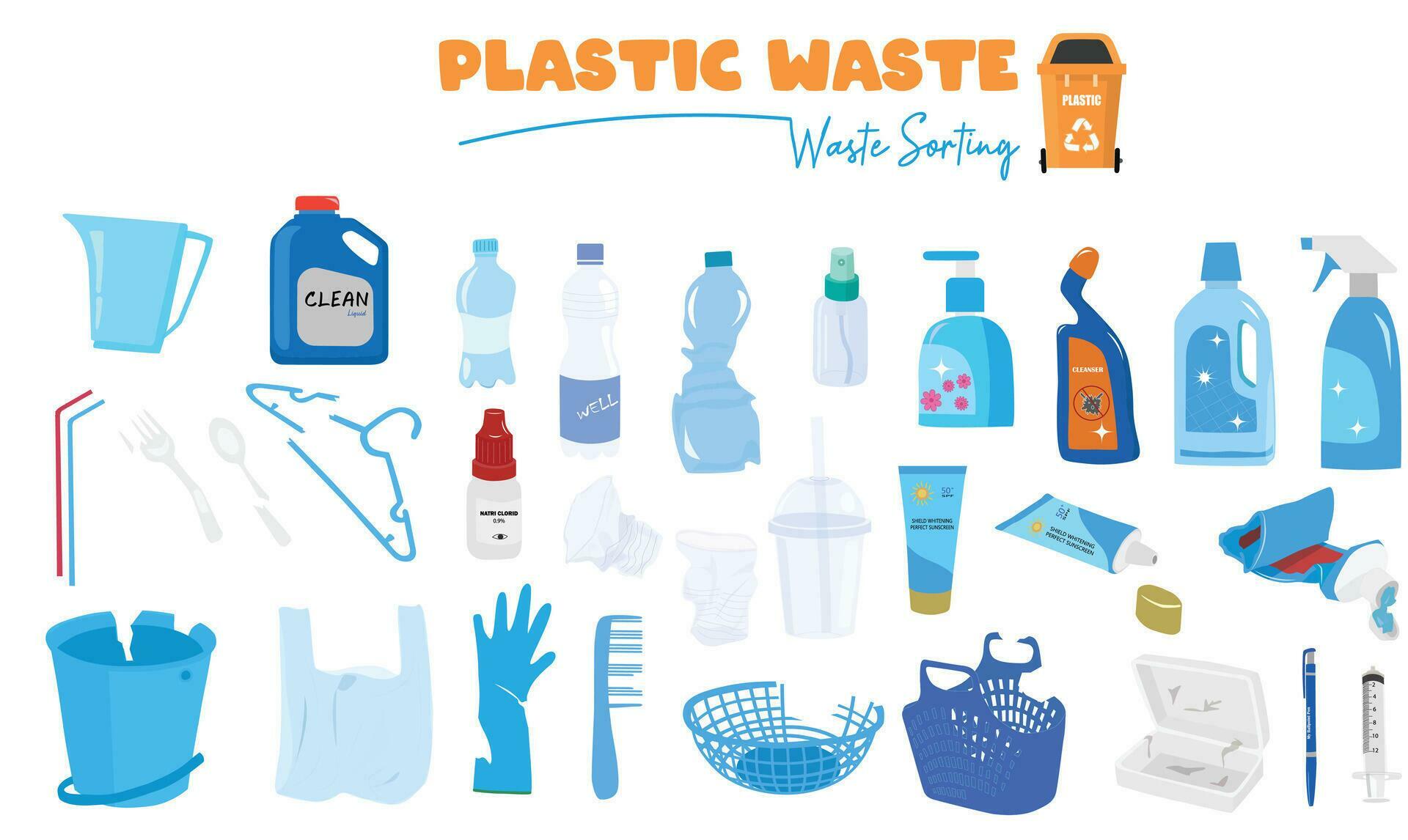 Plastic waste vector set. Plastic garbage vector set. Waste sorting ...