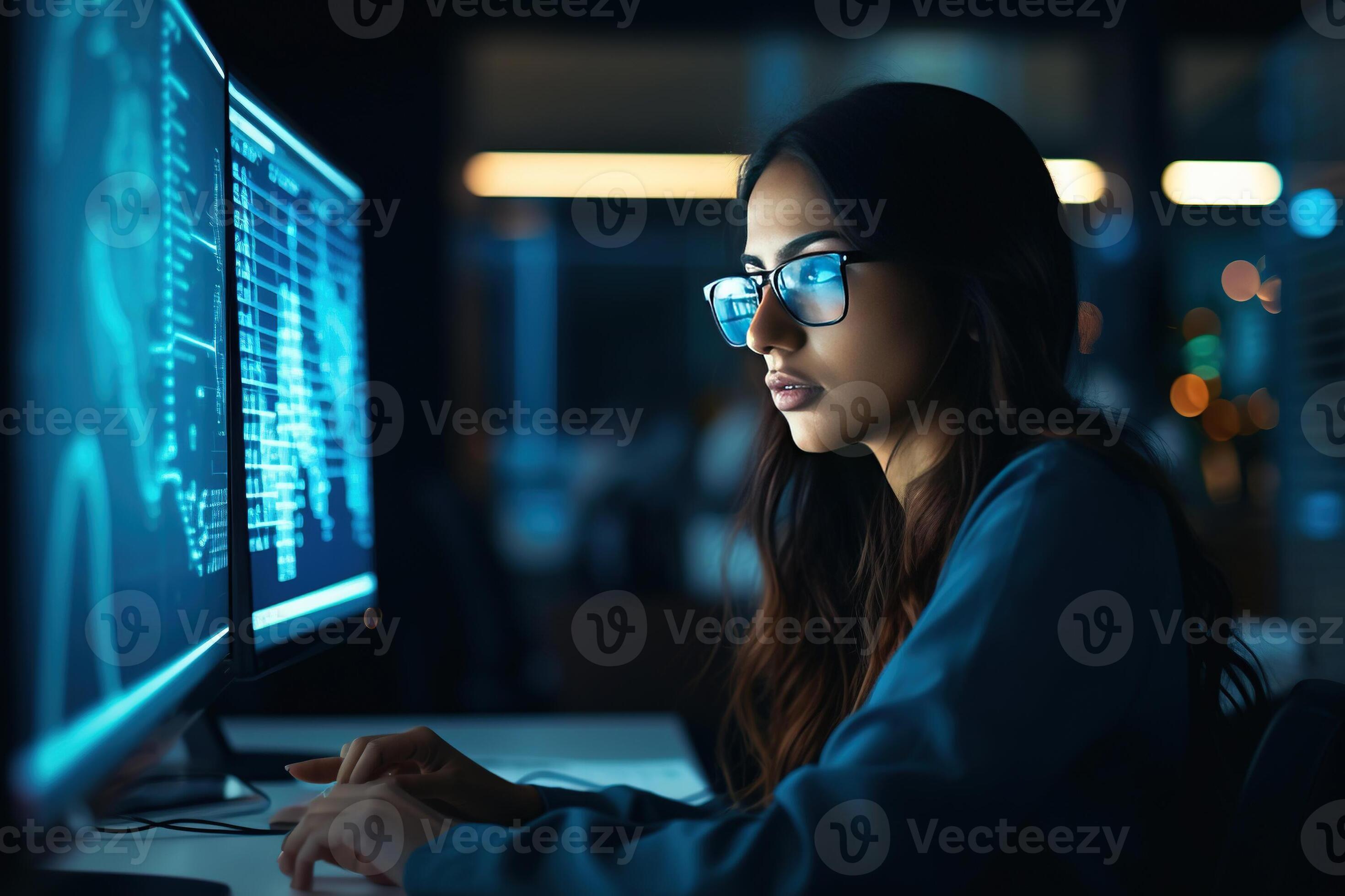 Young Female Artificial Intelligence Engineer Working on Computer in a ...