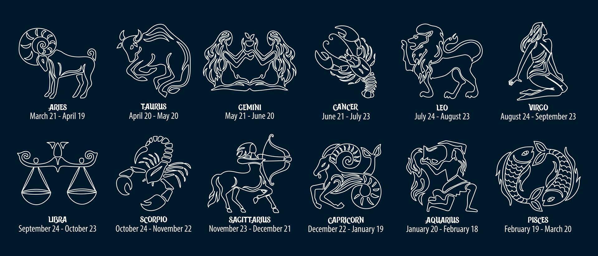 Zodiac Signs Astrological Horoscope Signs Contour White Drawings On A