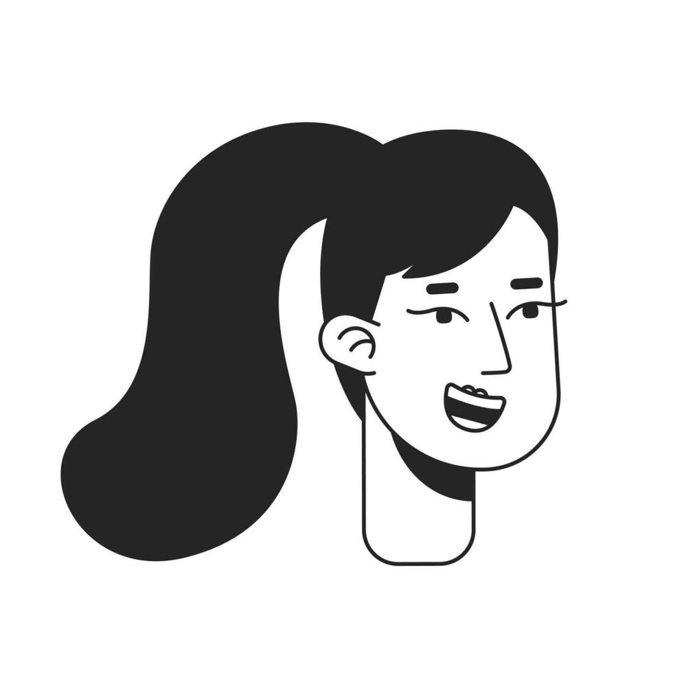 Cheerful Caucasian Girl Monochrome Flat Linear Character Head Teenager