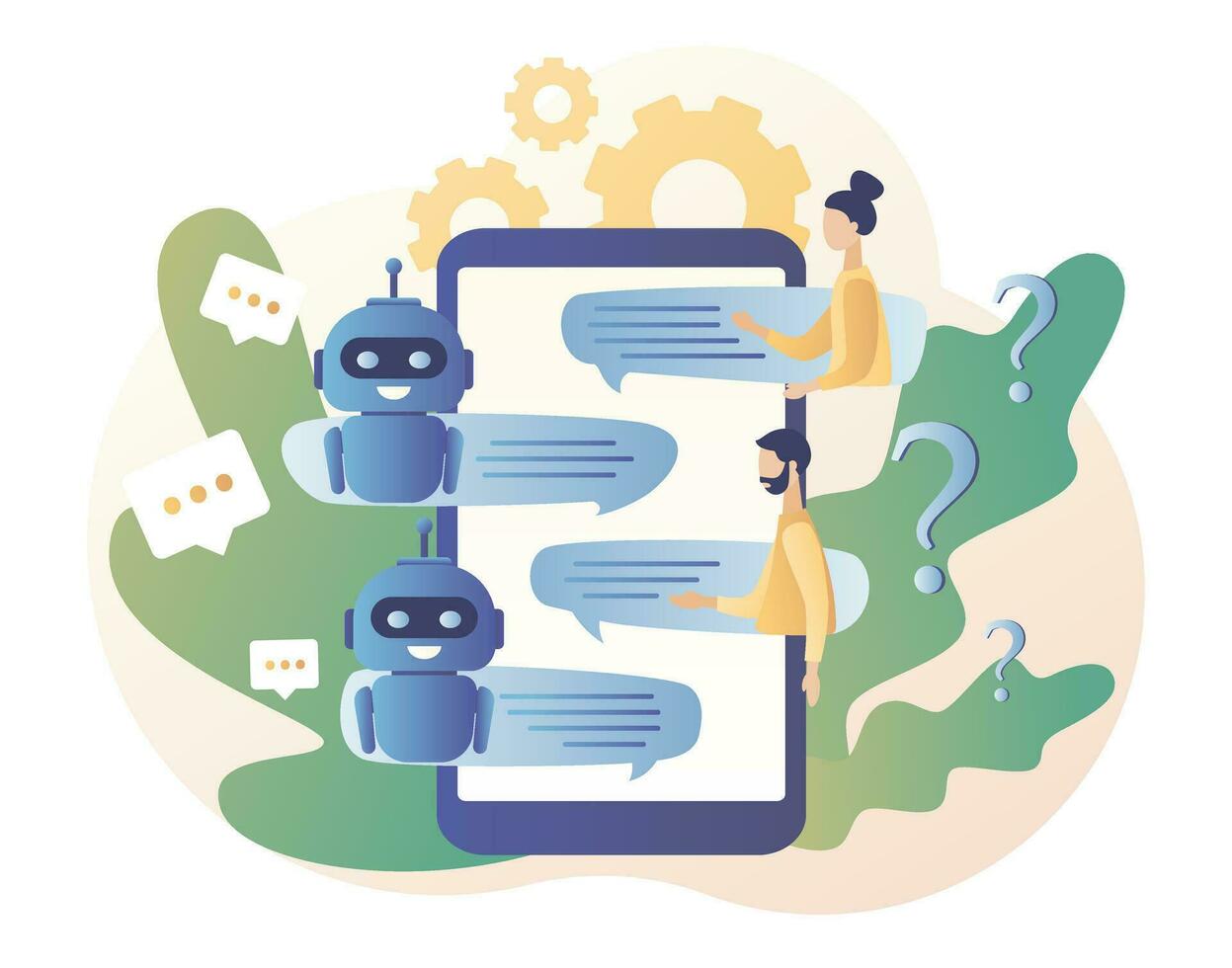 Chatbot. AI robot assistant, online customer support. Tiny people ... Chatbot. AI robot assistant, online customer support. Tiny people ...