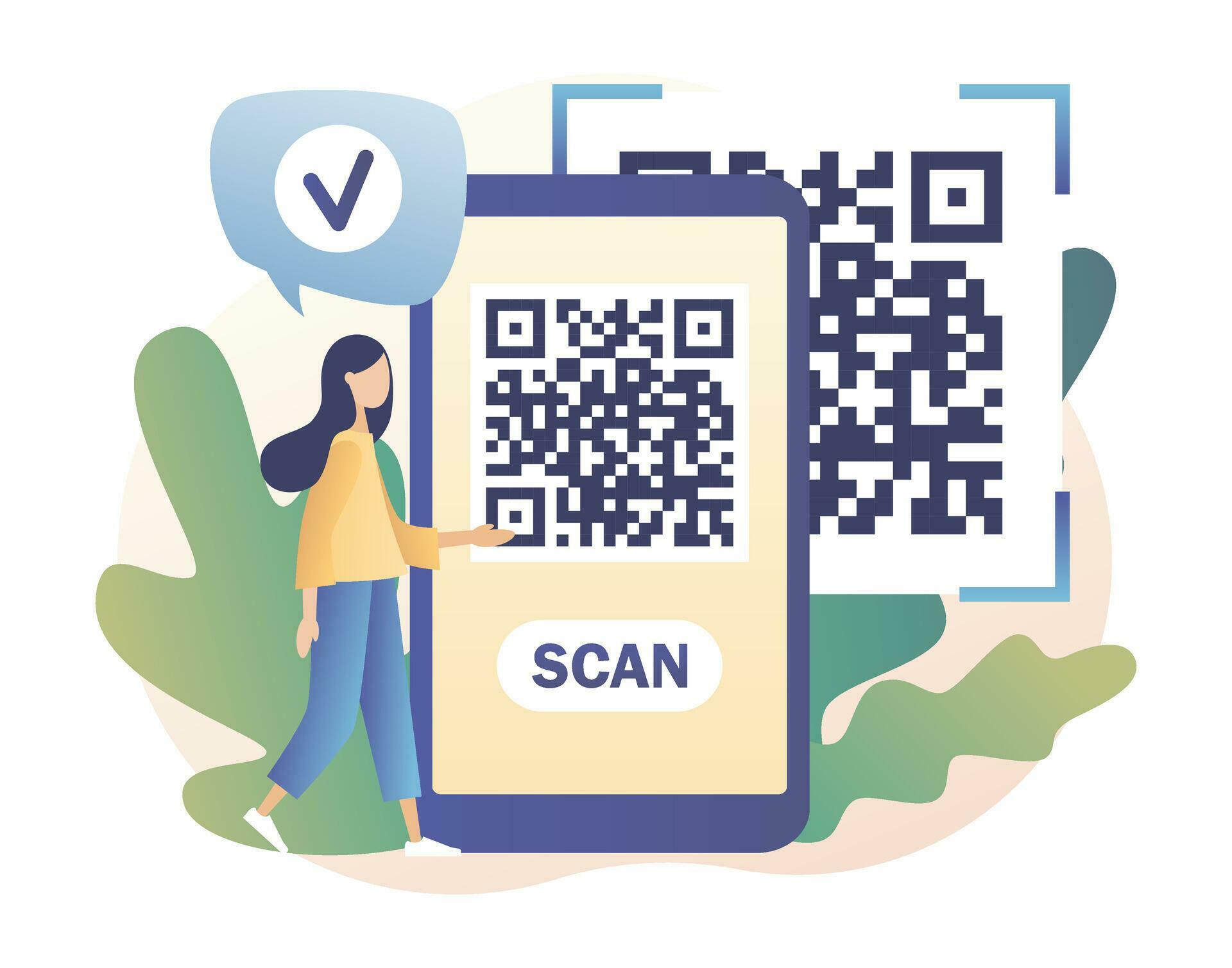 Qr Code Scanning Concept Tiny Girl Scan Code Using Smartphone Modern Flat Cartoon Style