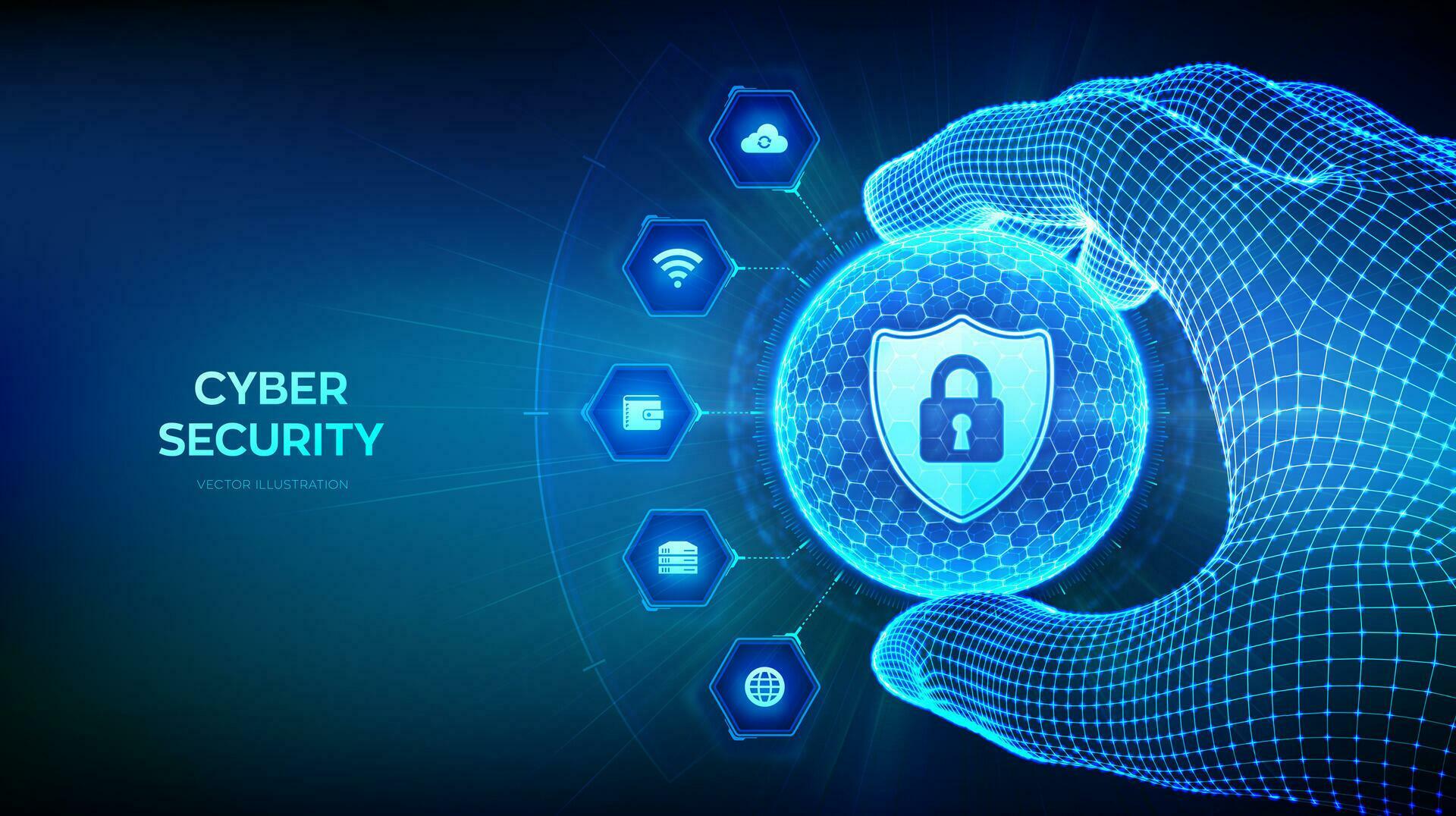 Cyber security technology concept in the shape of sphere with hexagon pattern in wireframe hand ...