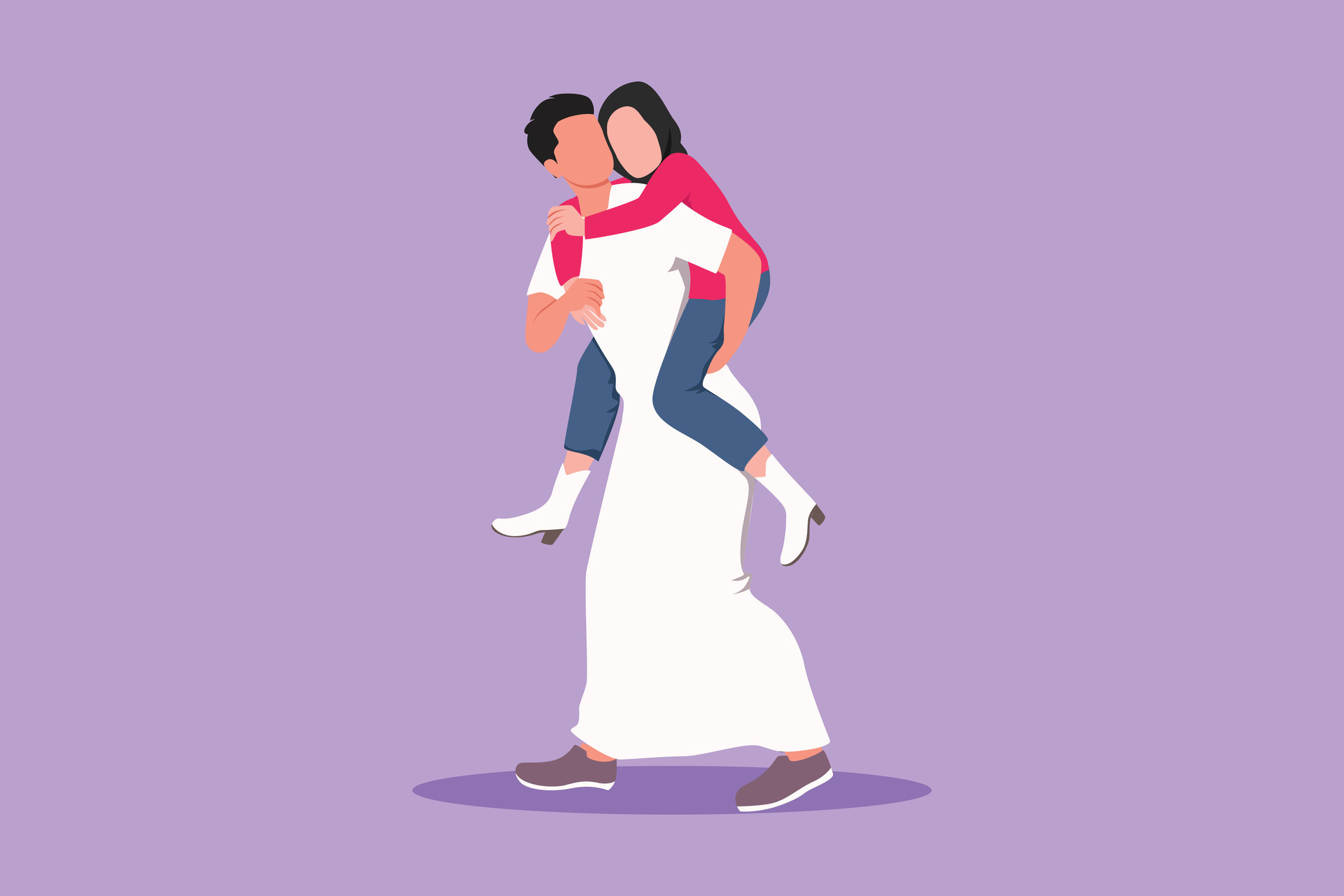 Character Flat Drawing Happy Man Carry Girlfriend On His Back Romantic