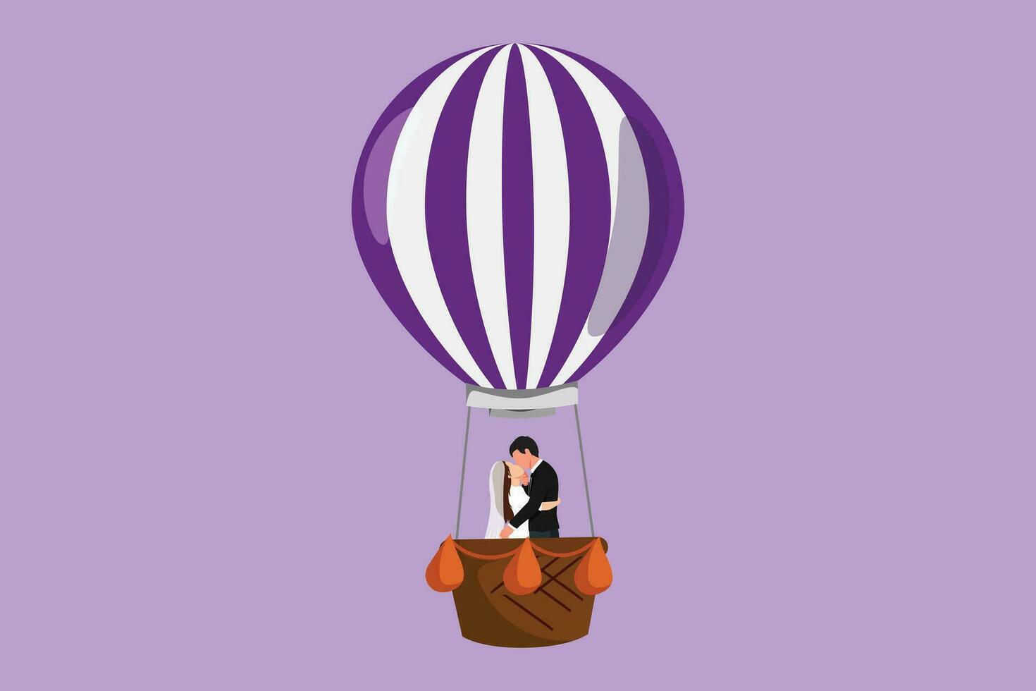 Cartoon flat style drawing love kissing married couple in hot-air ... Cartoon flat style drawing love kissing married couple in hot-air ...