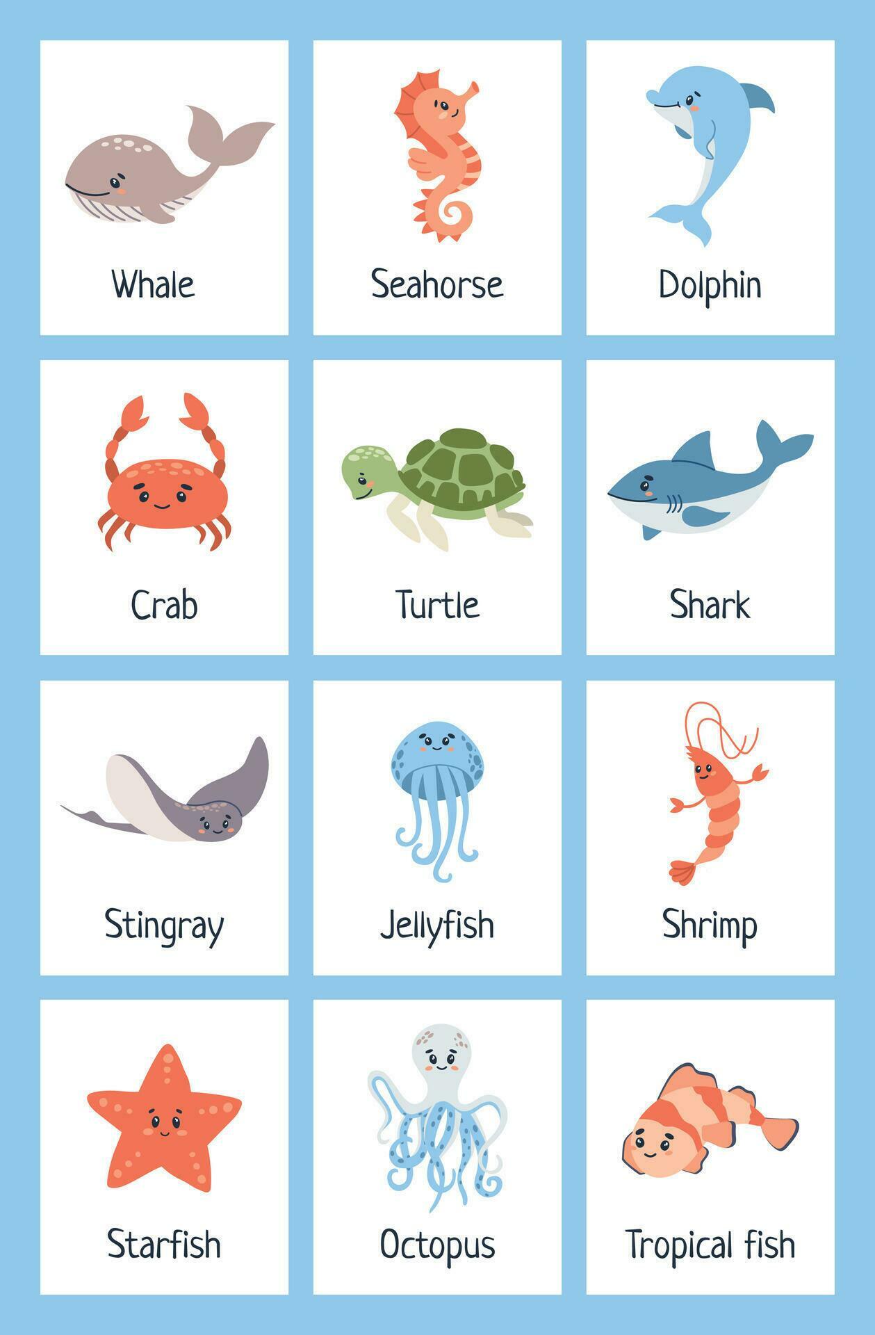 Sea animal flashcards. Learning ocean vocabulary. Sea creatures ...