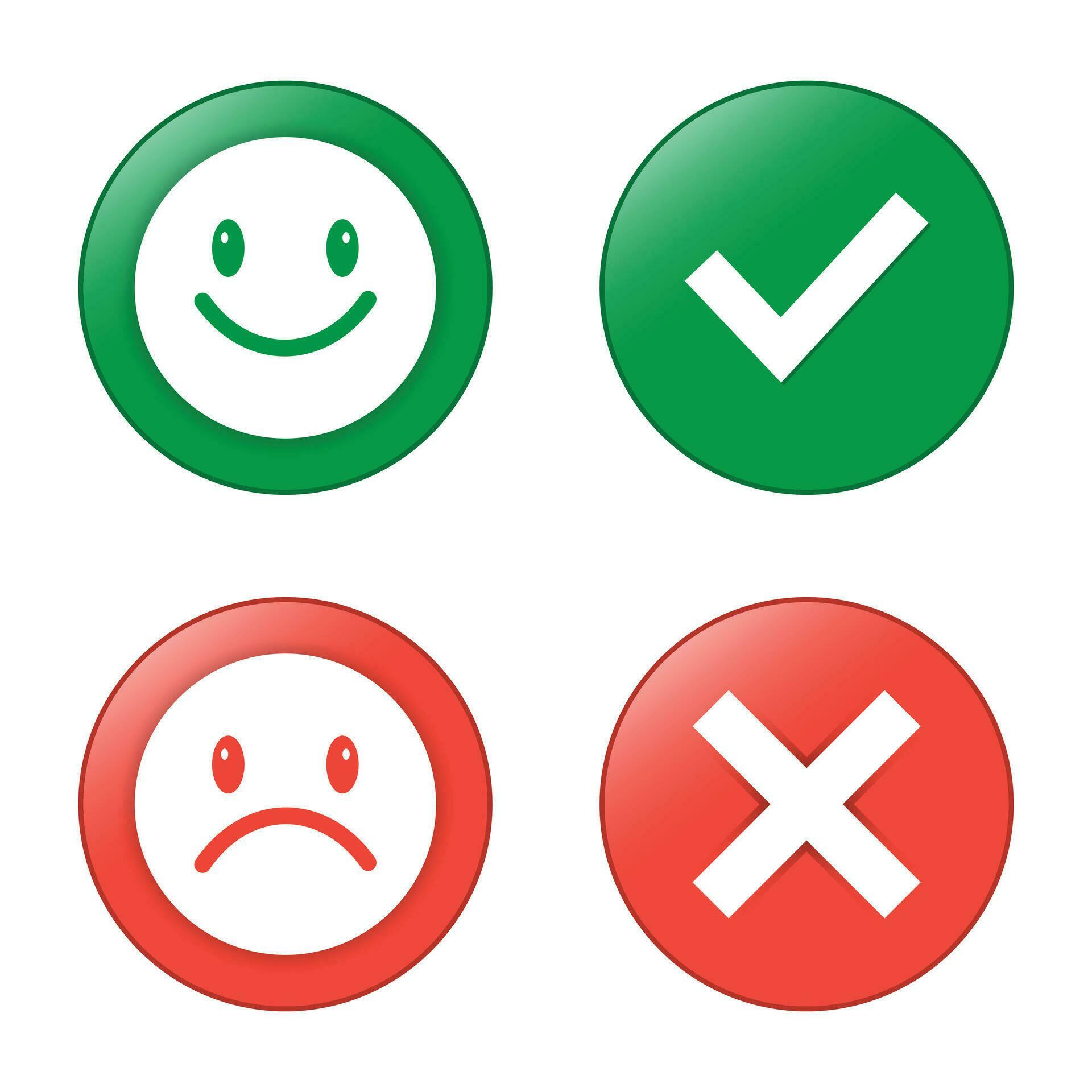 Glossy Happy And Sad Faces, True And False Check Mark, Tick And Cross, Yes And No Check Marks On ...