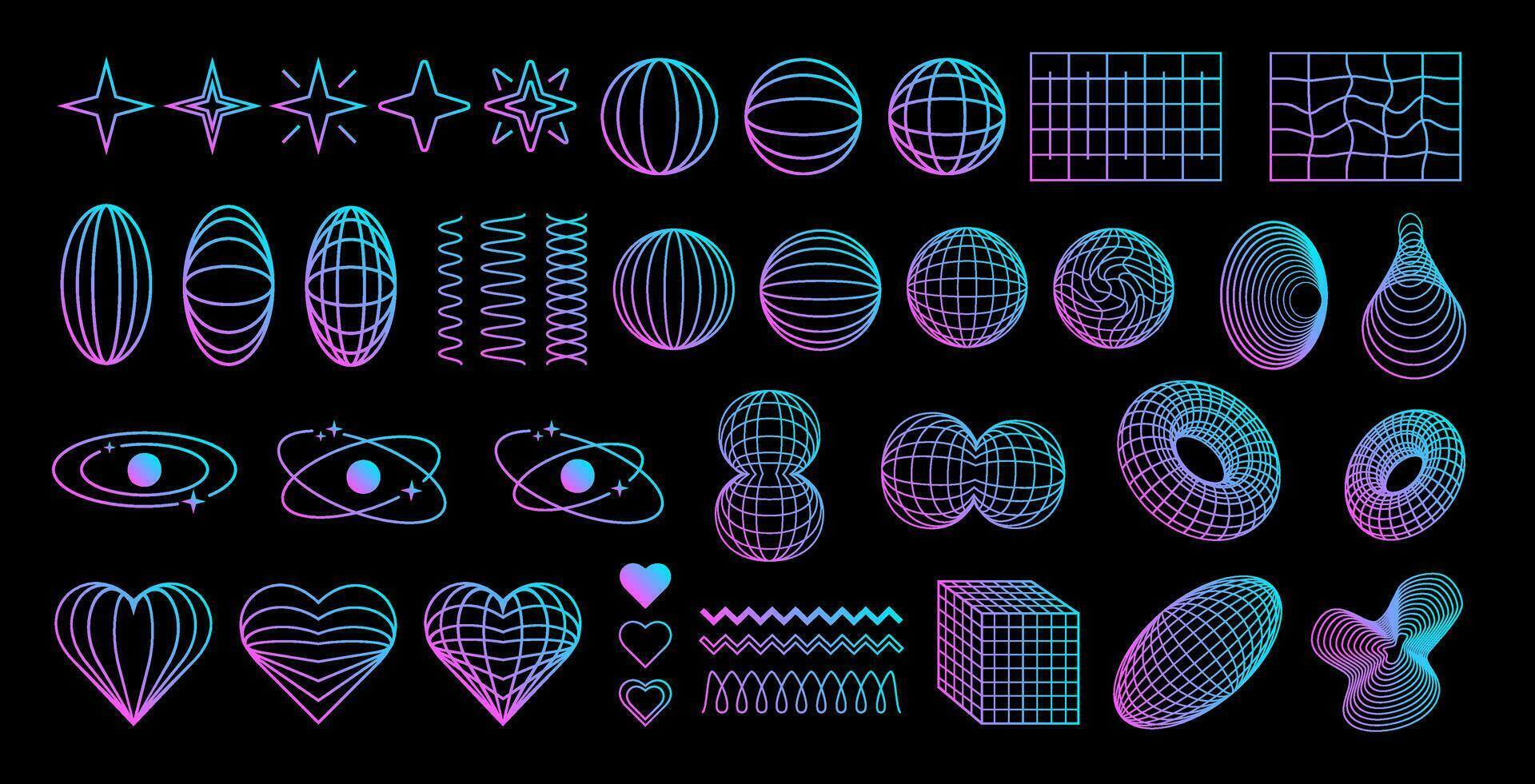 Set of gradient retro shapes, elements in Y2K futuristic aesthetics, abstract vector symbols and ...