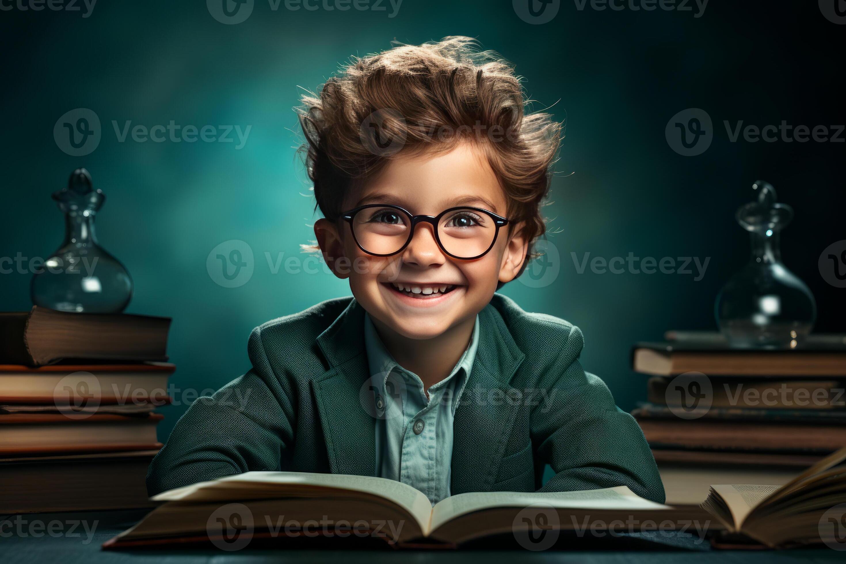 portrait of a happy child little boy with glasses sitting on a stack of ...