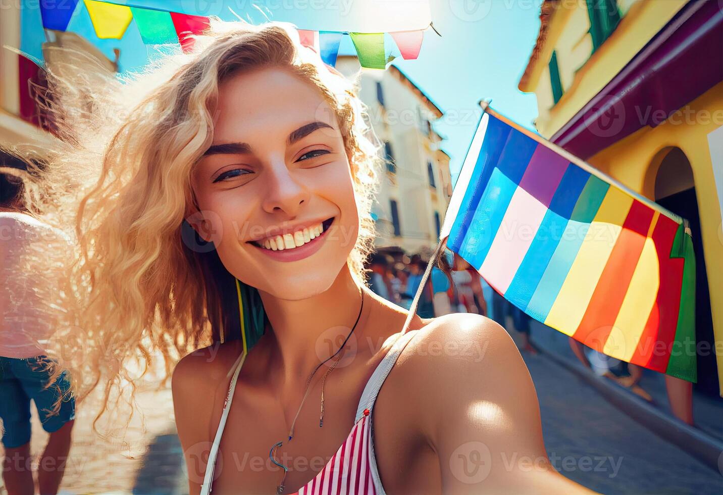 Cheerful young woman with lgbt flag smiling and taking selfie on street ...