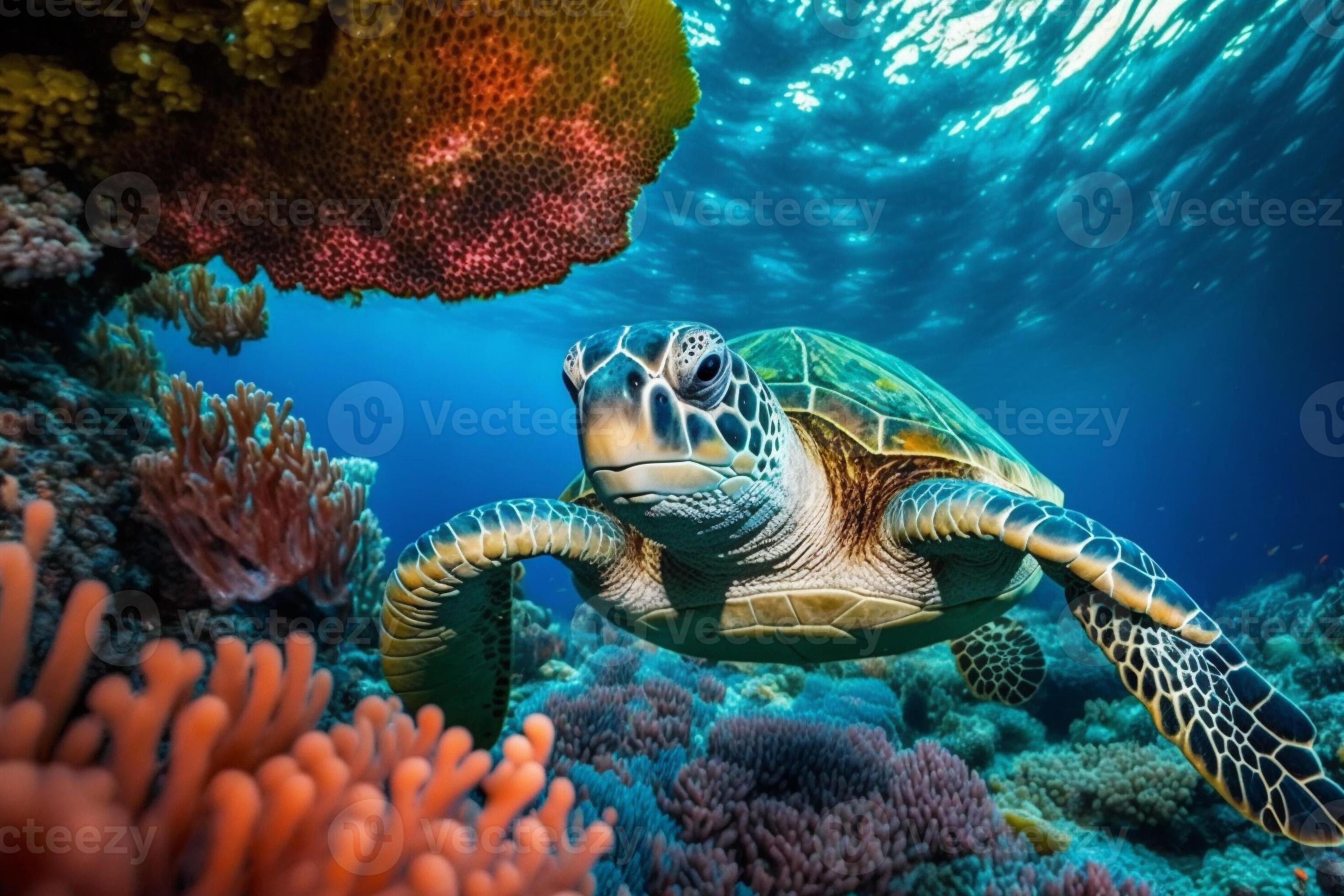 Sea Turtle Swimming In The Under Sea Beautiful Underwater And