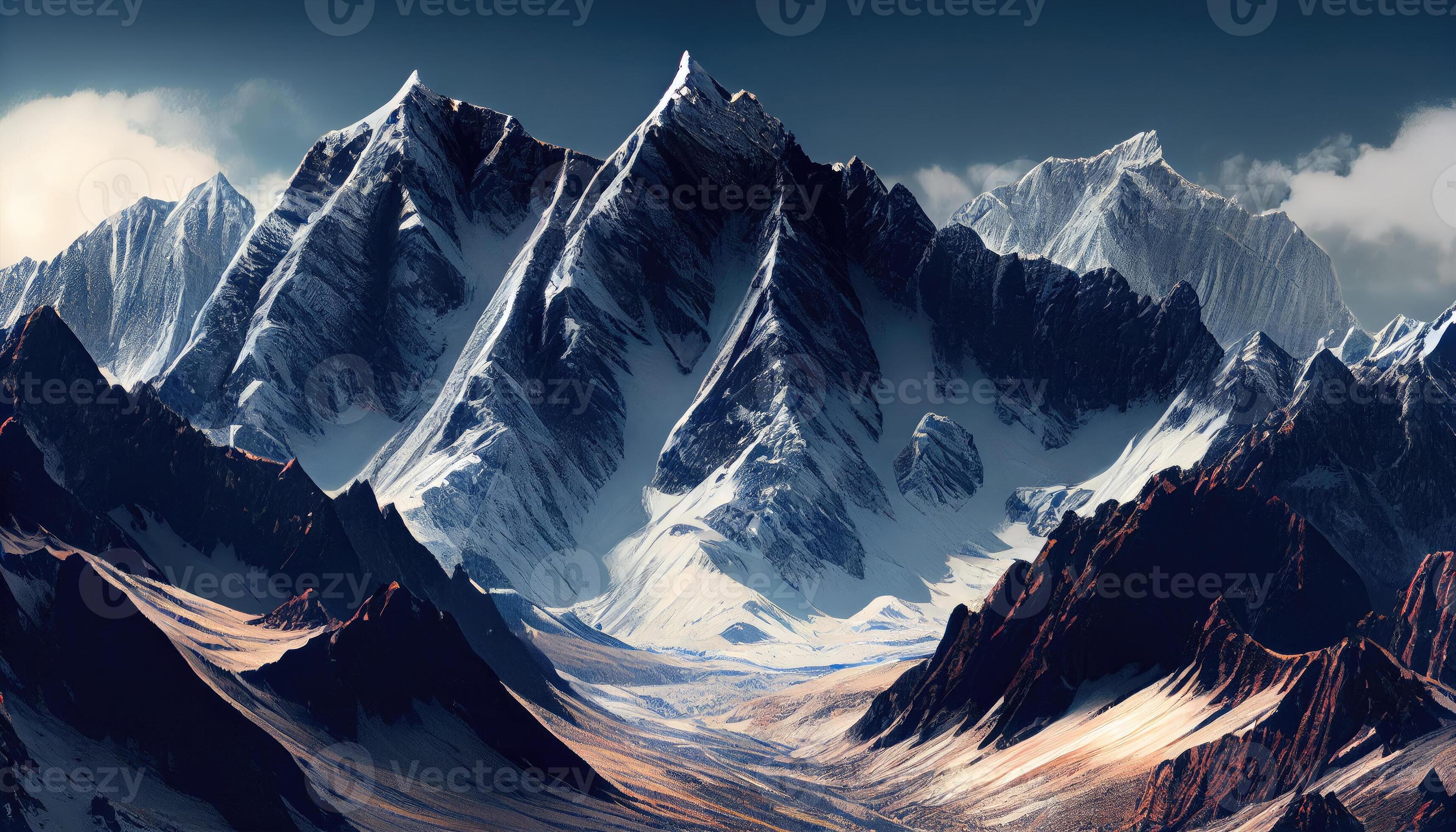 Towering mountain range dotted with towering peaks and treacherous ...