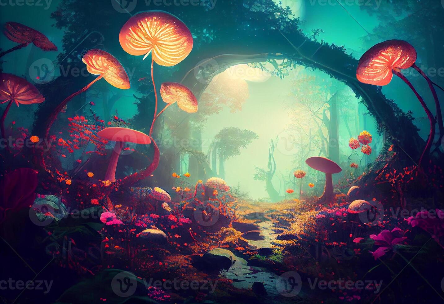 Photo fantasy landscape magical forest background with big flower ... Photo fantasy landscape magical forest background with big flower ...