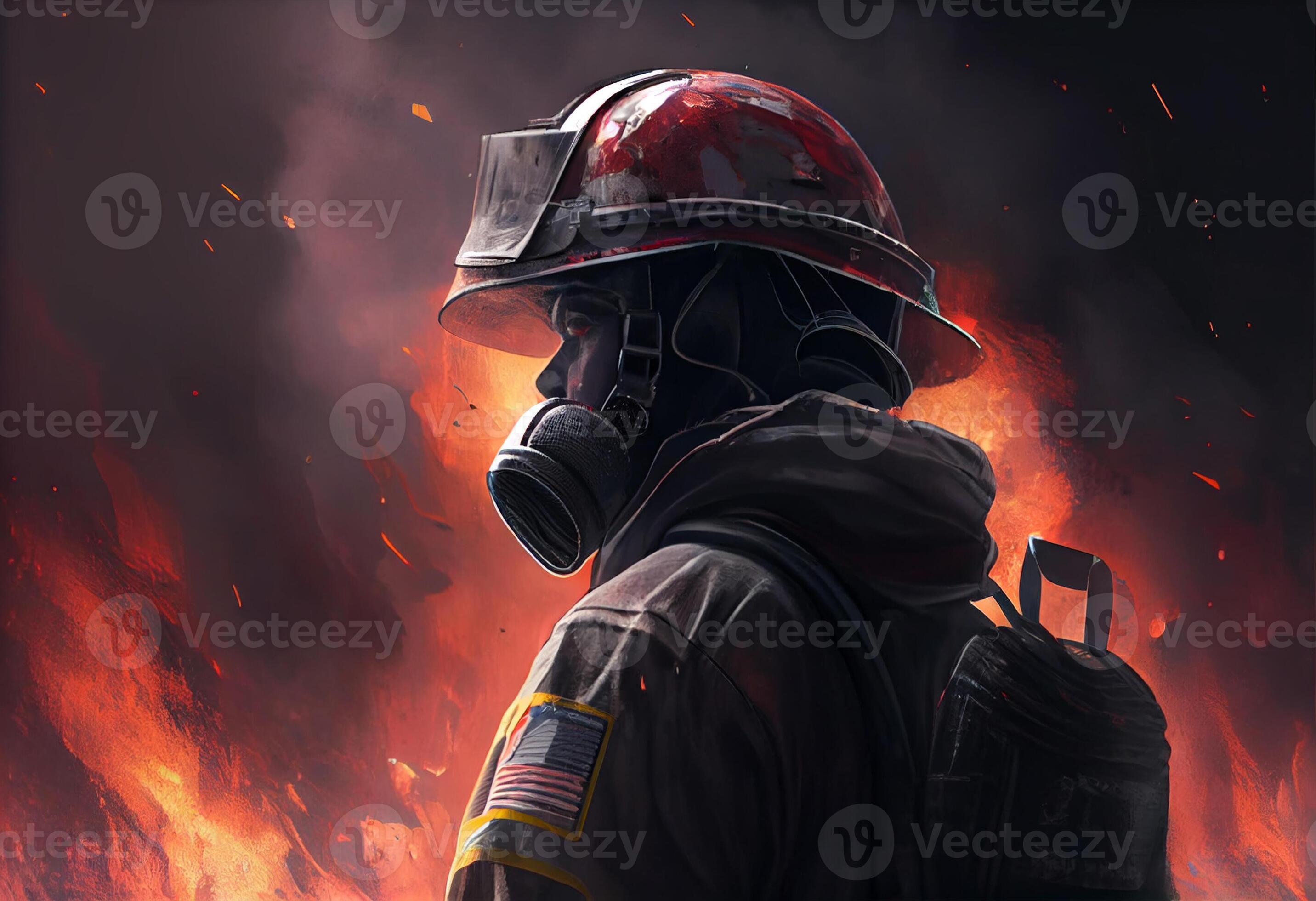 Firefighter seen from behind with a big fire in the background ...